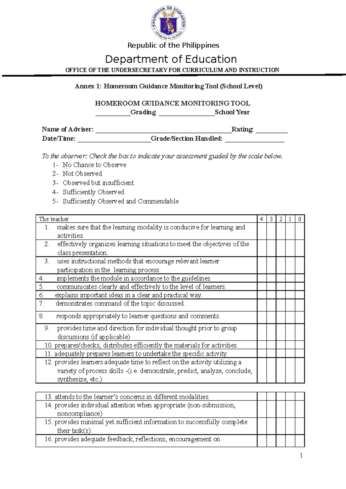 Homeroom Guidance Monitoring and Evaluation Tool School Level ...