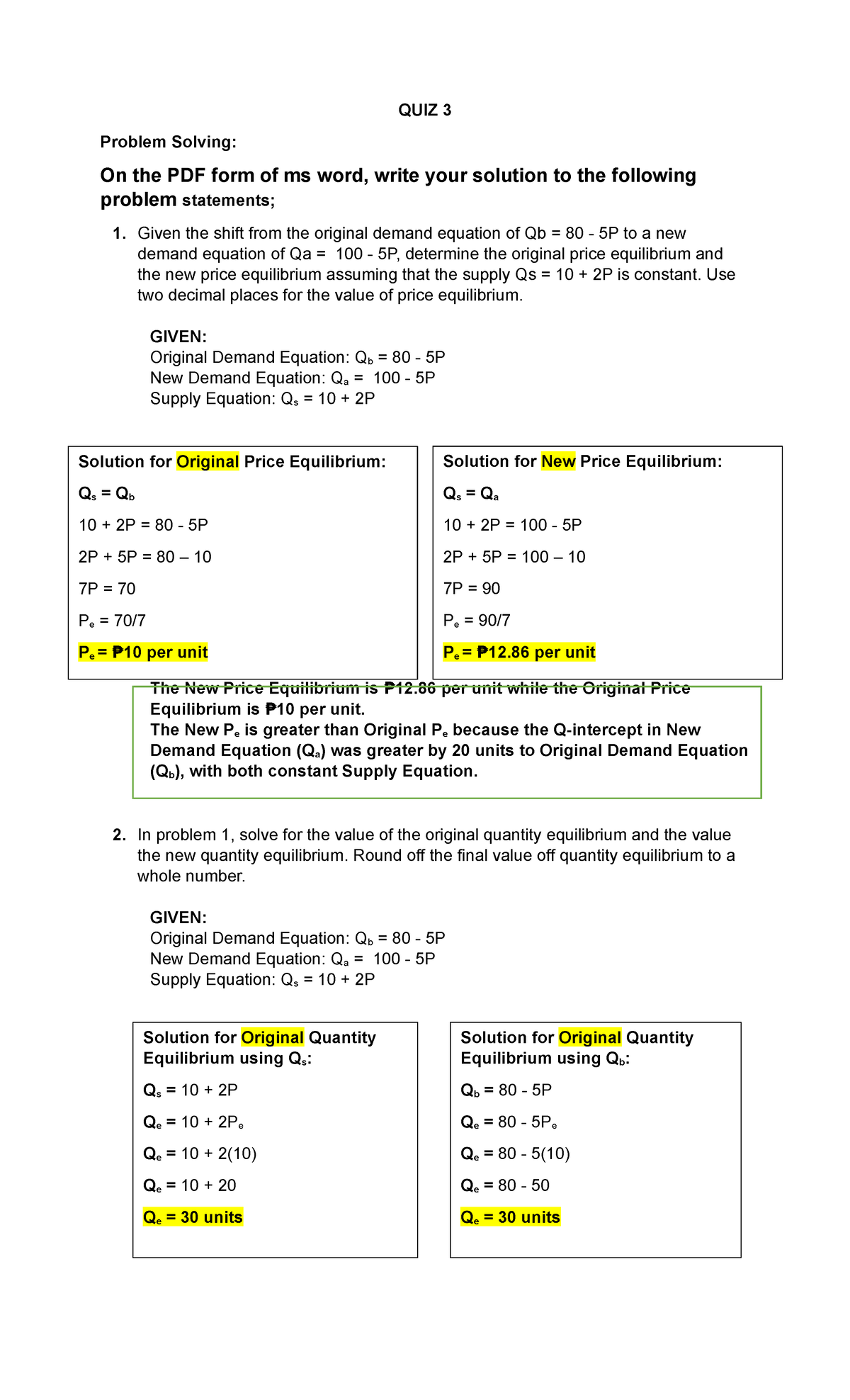 Eco 4 - ECONOMICS - QUIZ 3 Problem Solving: On the PDF form of ms word ...