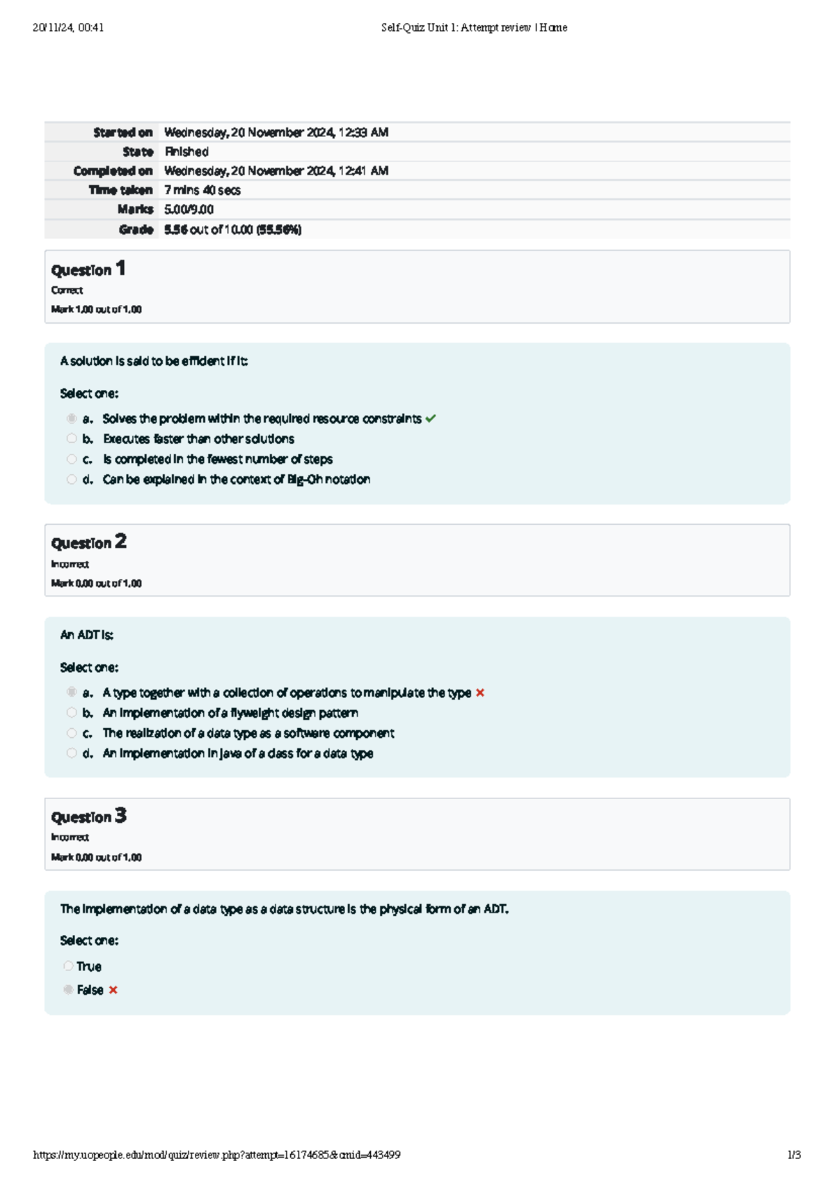 Self-Quiz Unit 1 Attempt review 1 - Started on Wednesday, 20 November ...