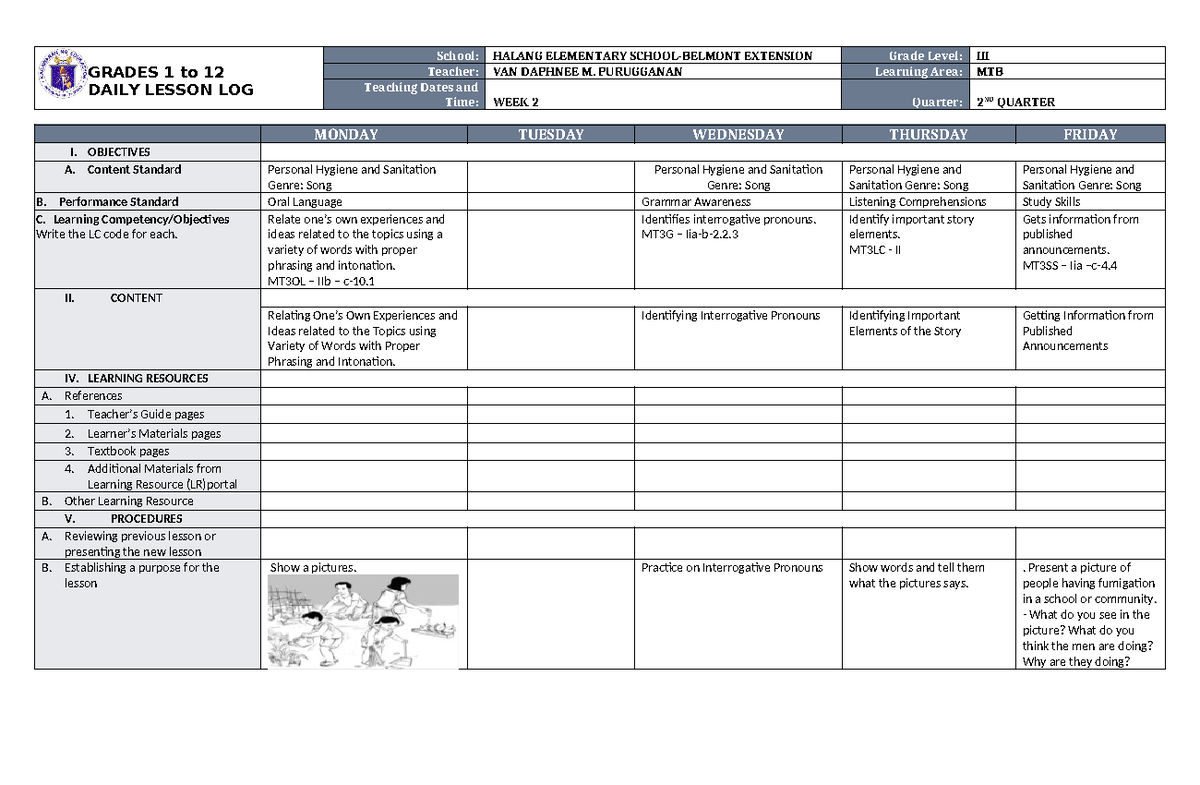 DLL MTB 3 Q2 W2 - DLL - GRADES 1 to 12 DAILY LESSON LOG School: HALANG ...