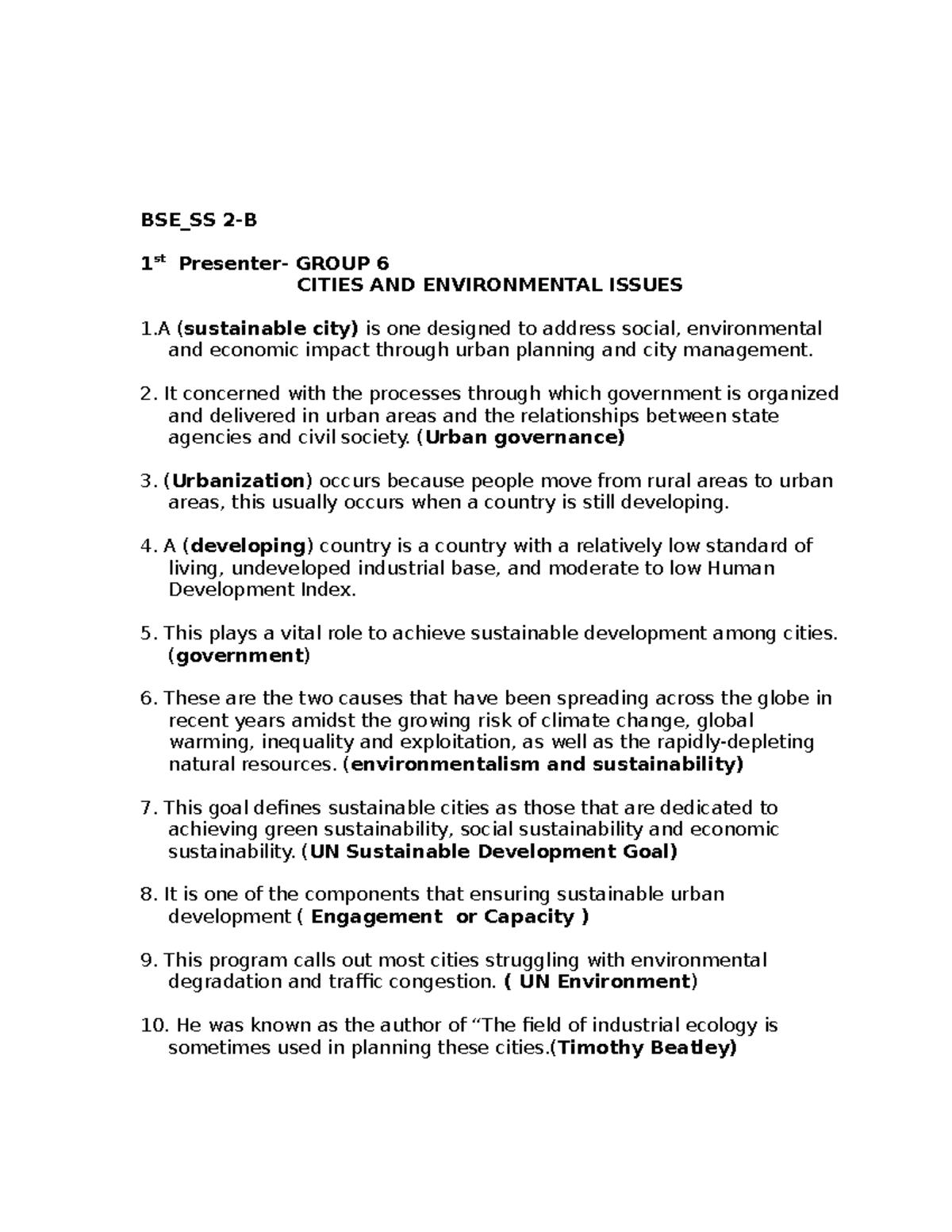 GEO SET OF QUIZ - Summary Social Studies - BSE_SS 2-B 1 st Presenter ...