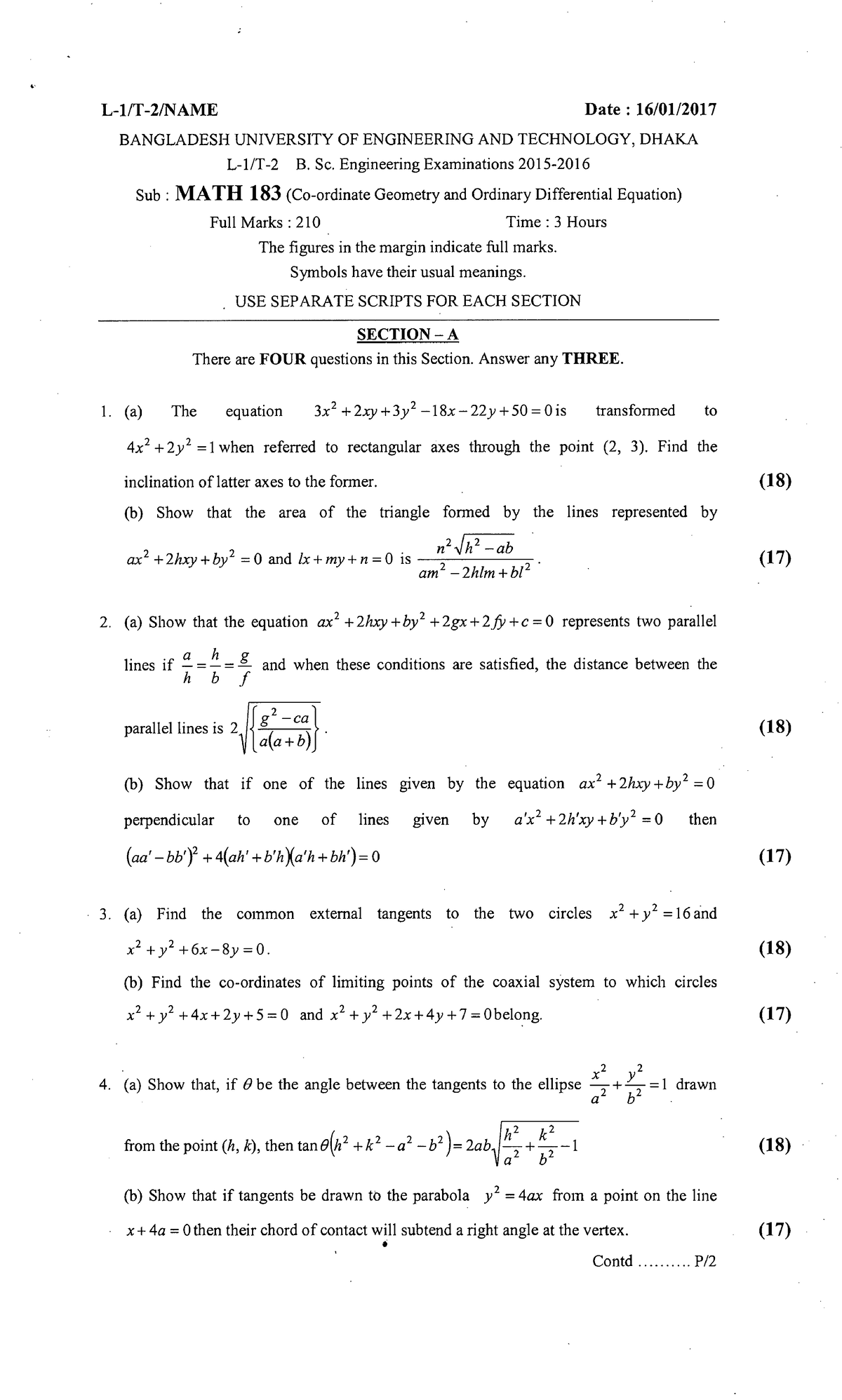 Question - Ode practice - L-1/T -21N AME Date: 16/01/ BANGLADESH ...