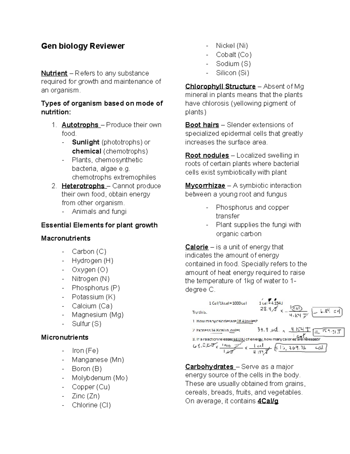 Gen biology Reviewer - Gen biology Reviewer Nutrient – Refers to any substance required for ...