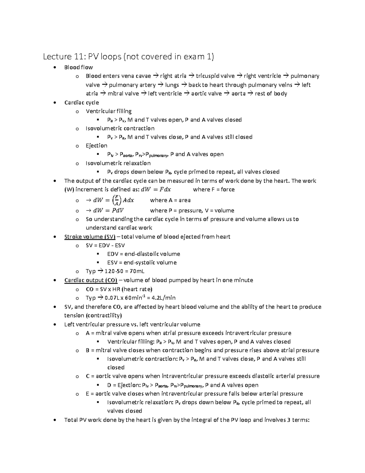 Exam 2 Review - Lecture notes 11-19 - Lecture 11: PV loops (not covered ...