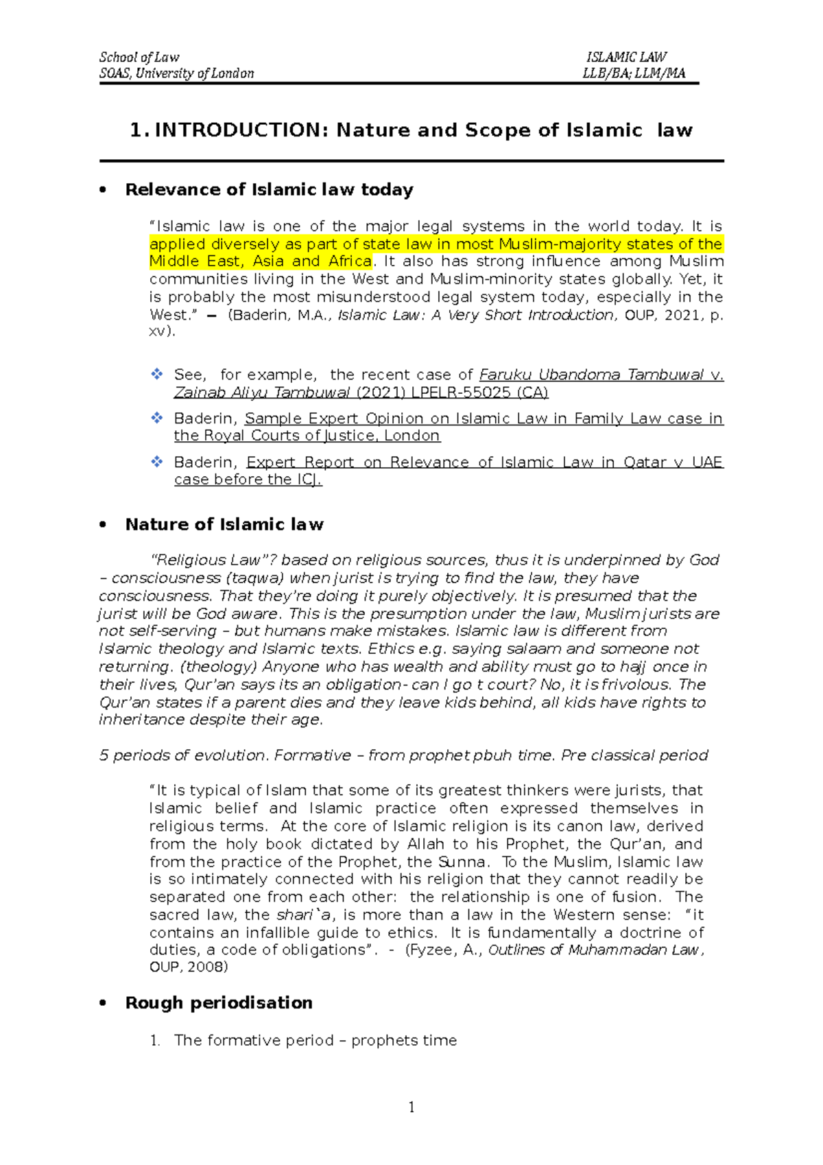 Lecture notes islamic Law 1 - SOAS, University of London LLB/BA; LLM/MA ...