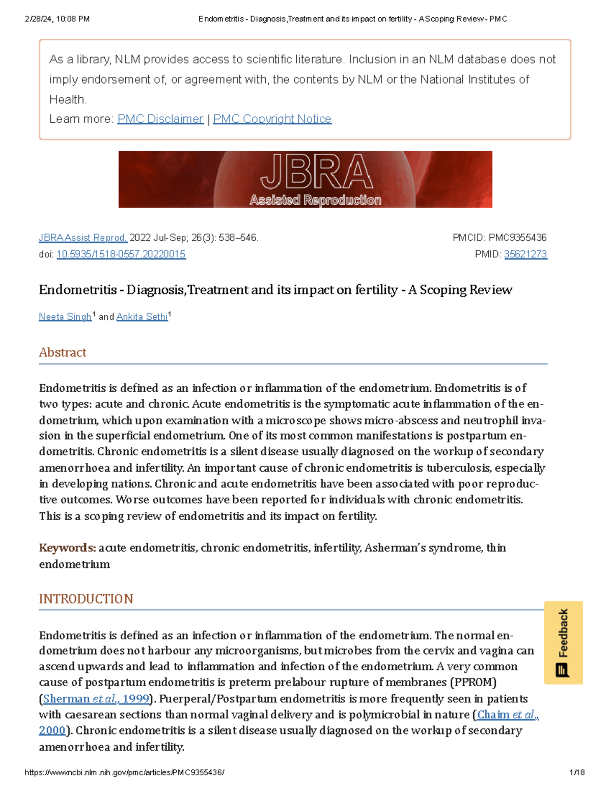 Endometritis Diagnosis Treatment and its impact on fertility A Scoping ...