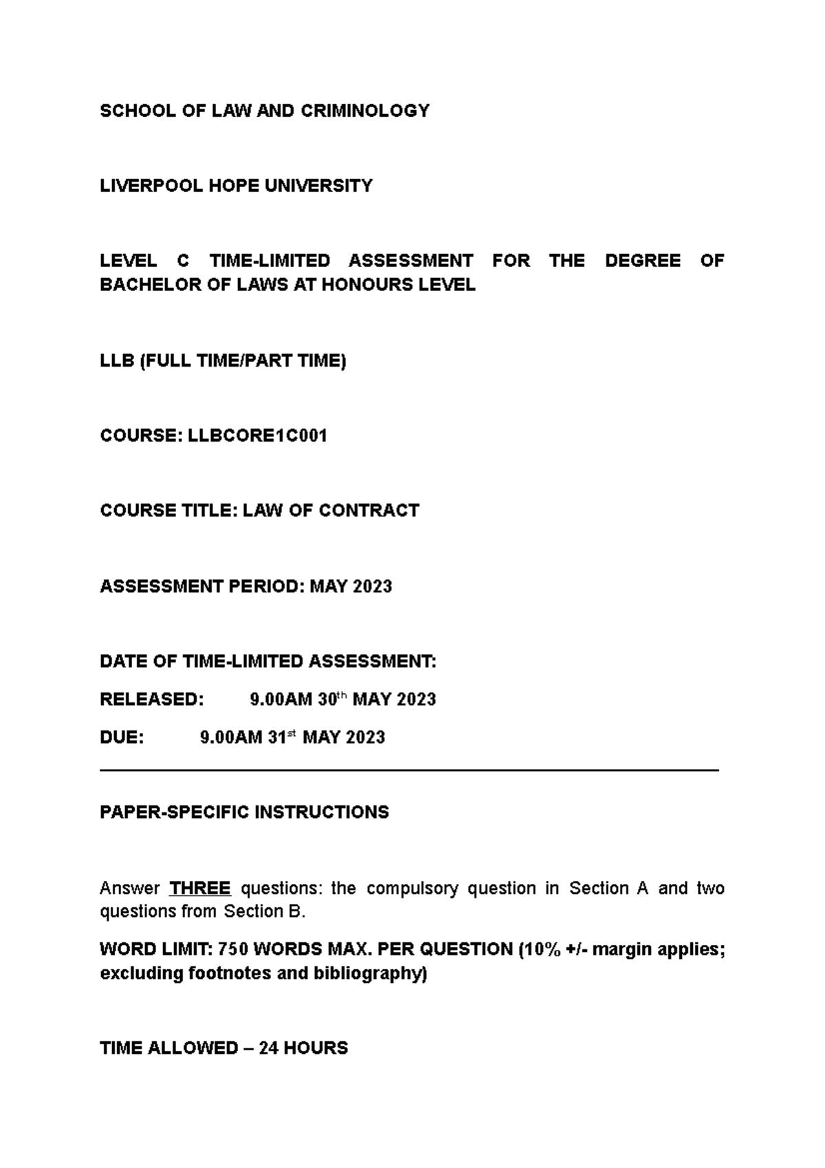Contract Law TLA 2023 - SCHOOL OF LAW AND CRIMINOLOGY LIVERPOOL HOPE ...