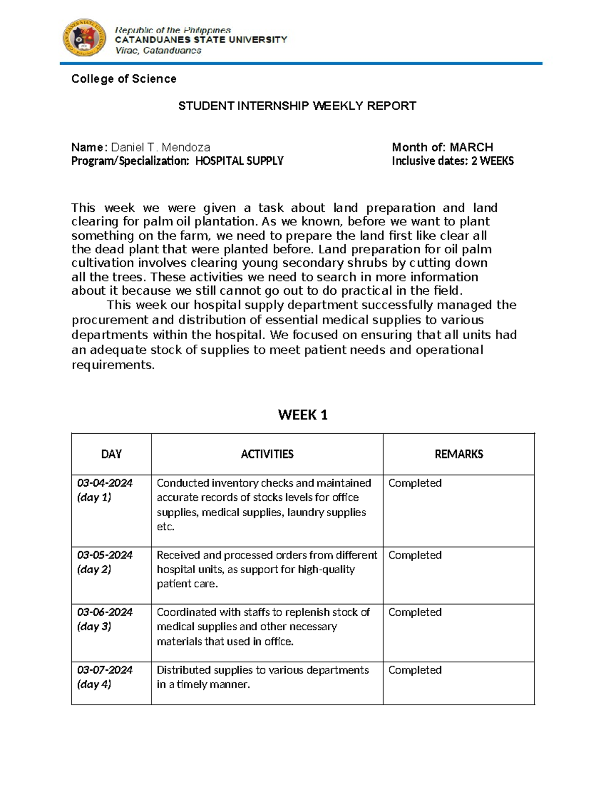 Weekly report Hospital supply management - College of Science STUDENT ...