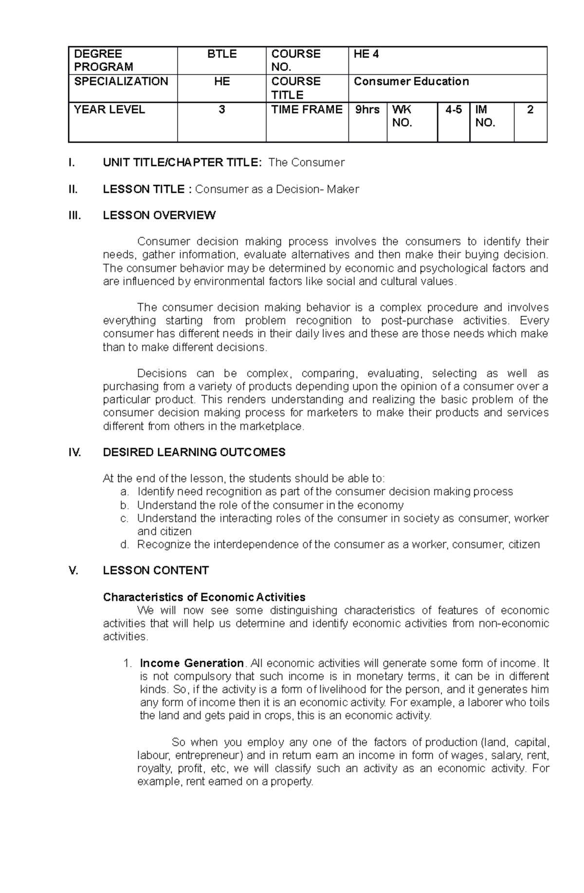 HE 4 The Consumer - Home Economics - DEGREE PROGRAM BTLE COURSE NO. HE ...