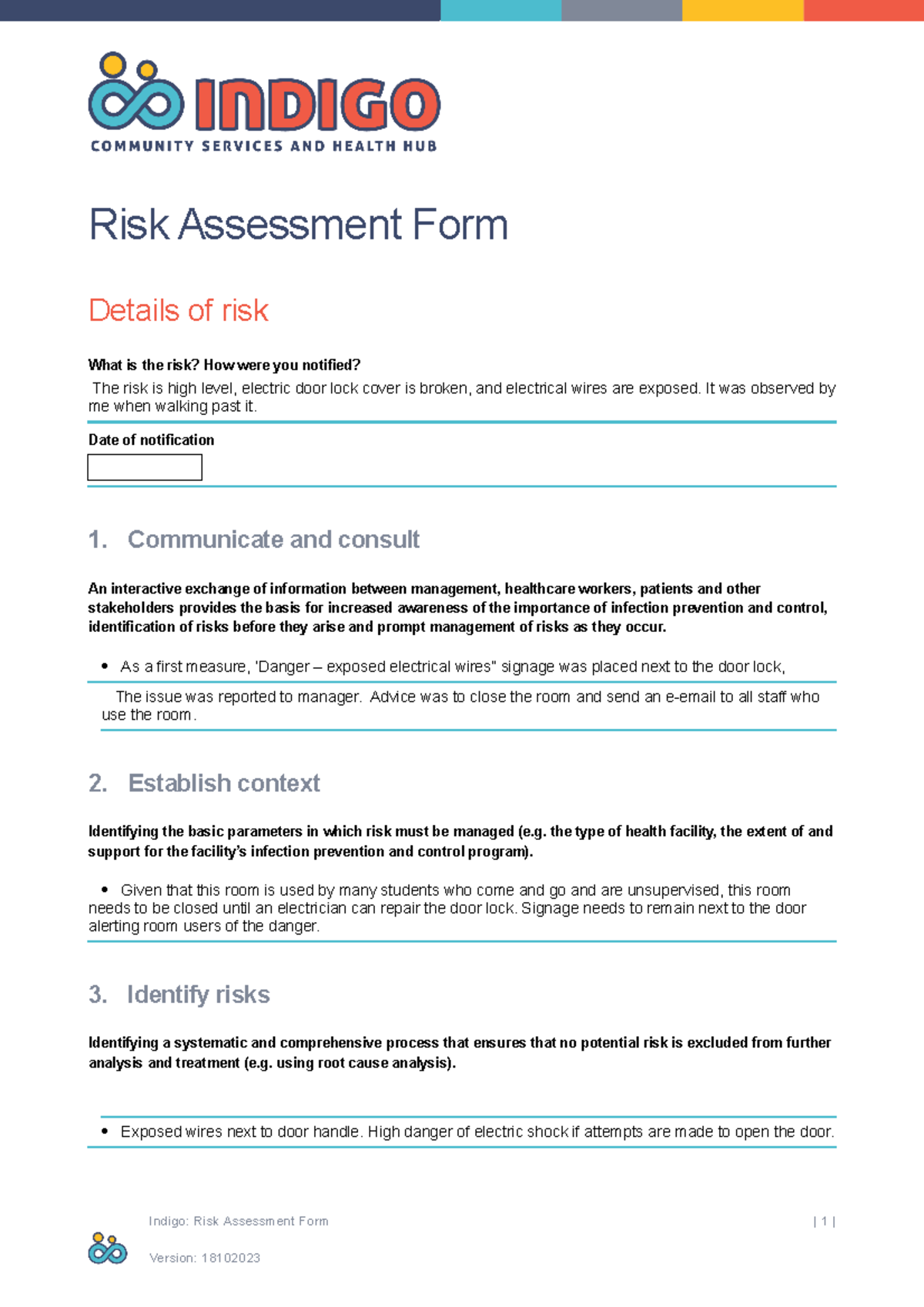 Indigo FRM WHS Risk Assessment - Risk Assessment Form Details of risk ...
