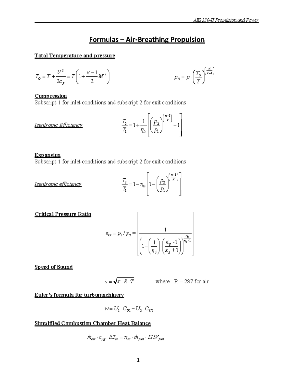 Formula Sheet for Exam - Air Breathing Propulsion - AE2230-II ...