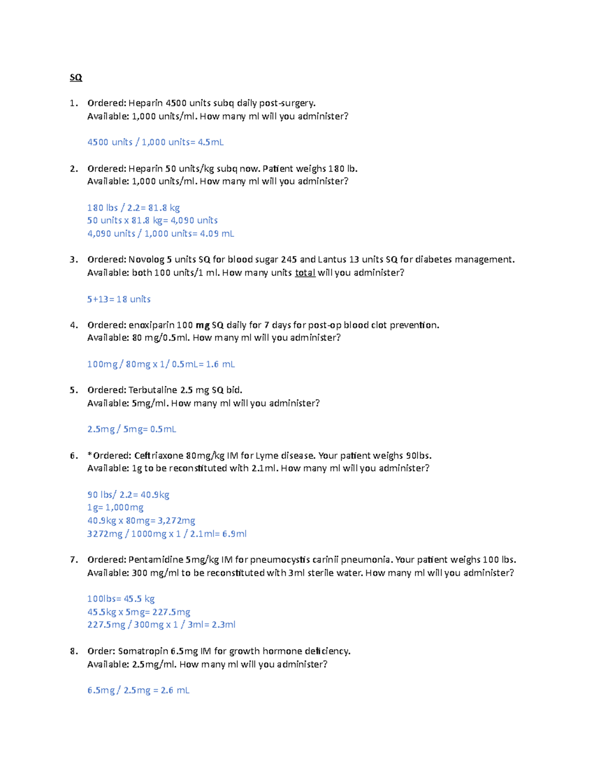 Injection 2 - med math practice - SQ Ordered: Heparin 4500 units subq ...