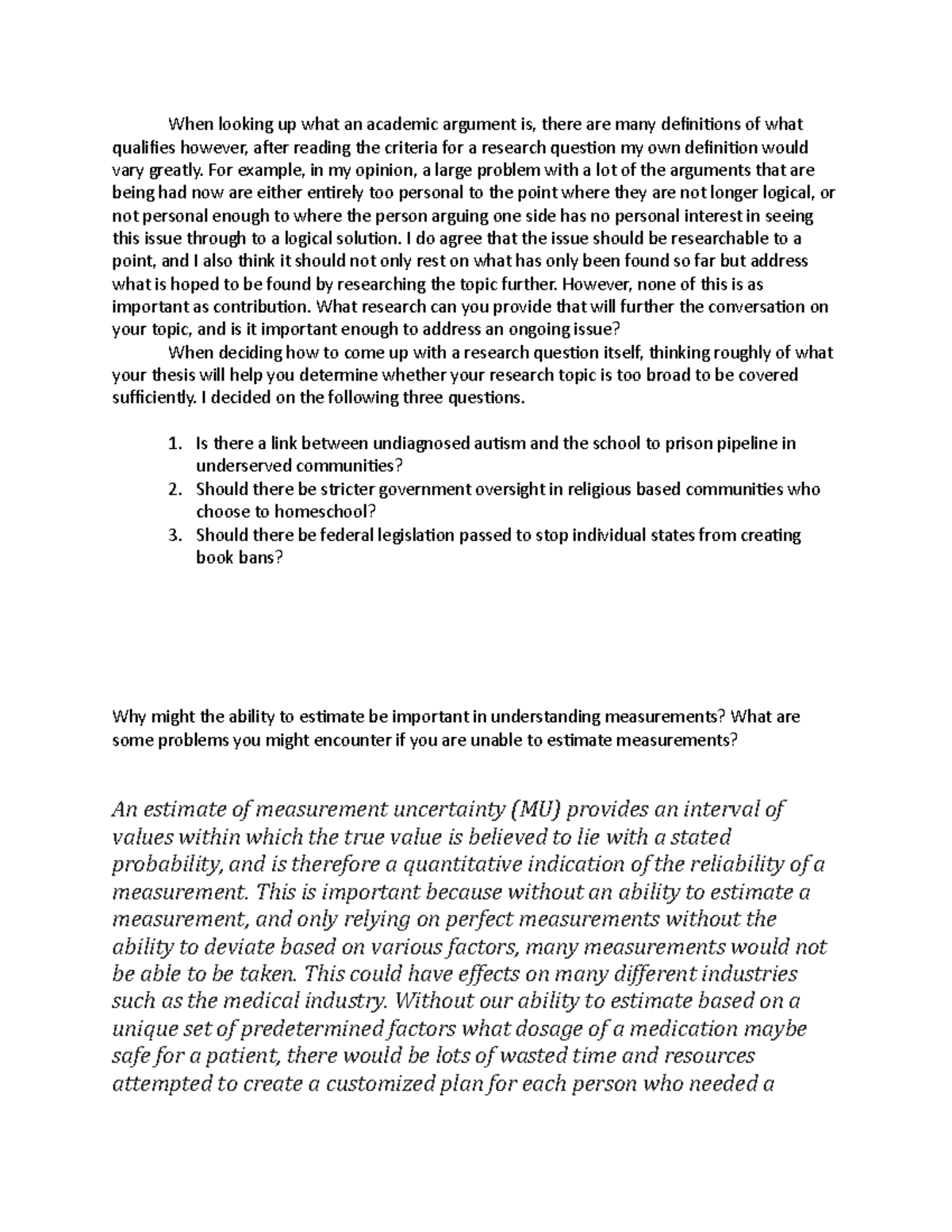 When looking up what an academic argument is - For example, in my ...