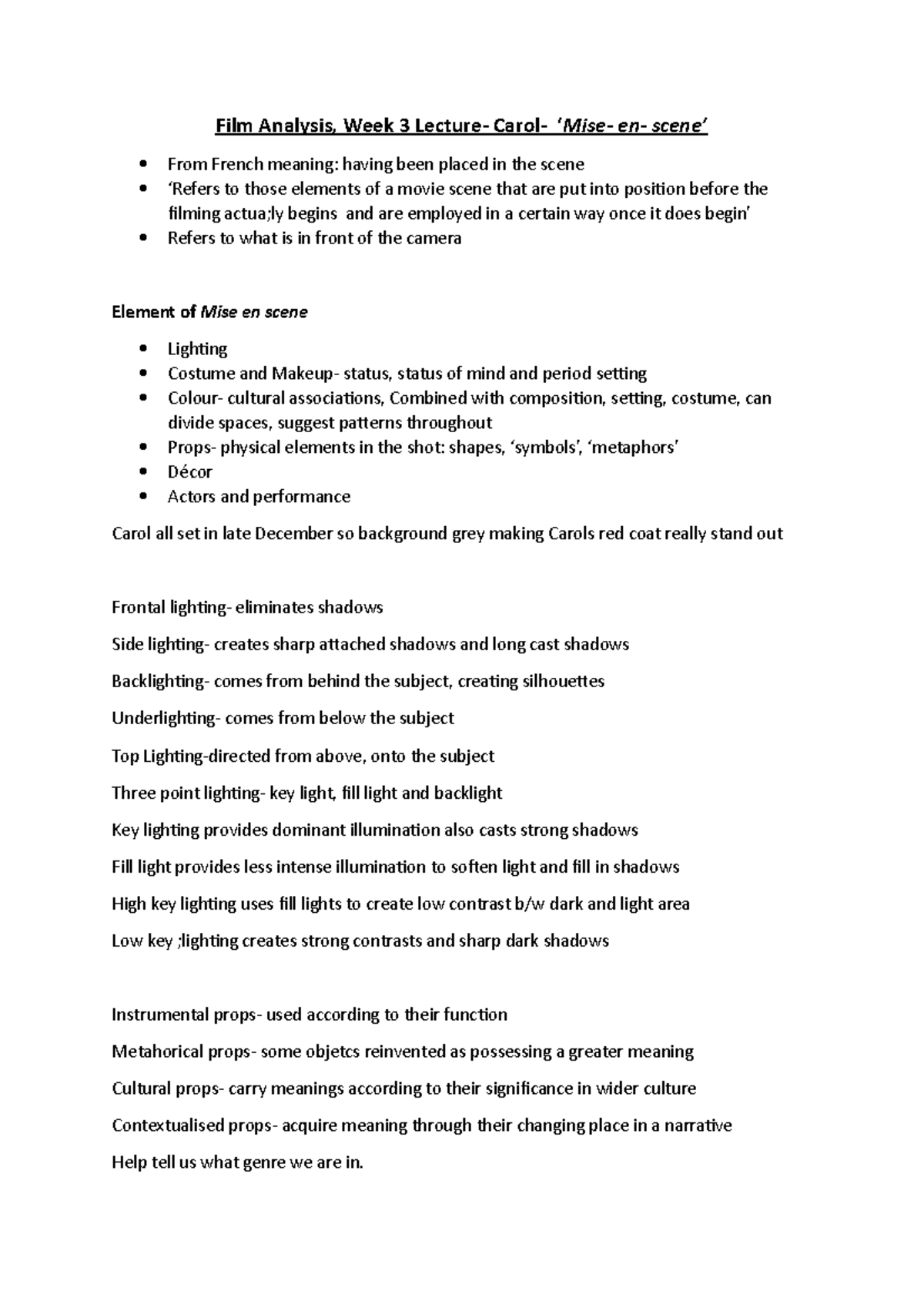 Film Analysis Lecture Week 3- Mise en Scene - Film Analysis, Week 3 ...
