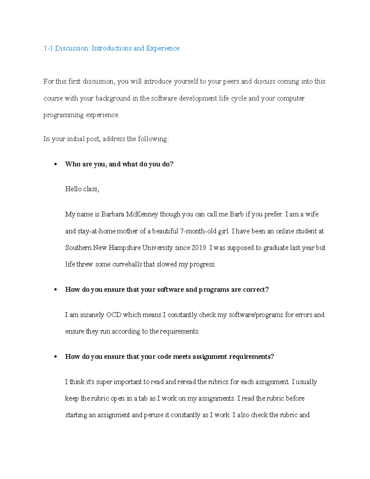 1-1 Discussion Introductions and Experience - In your initial post ...