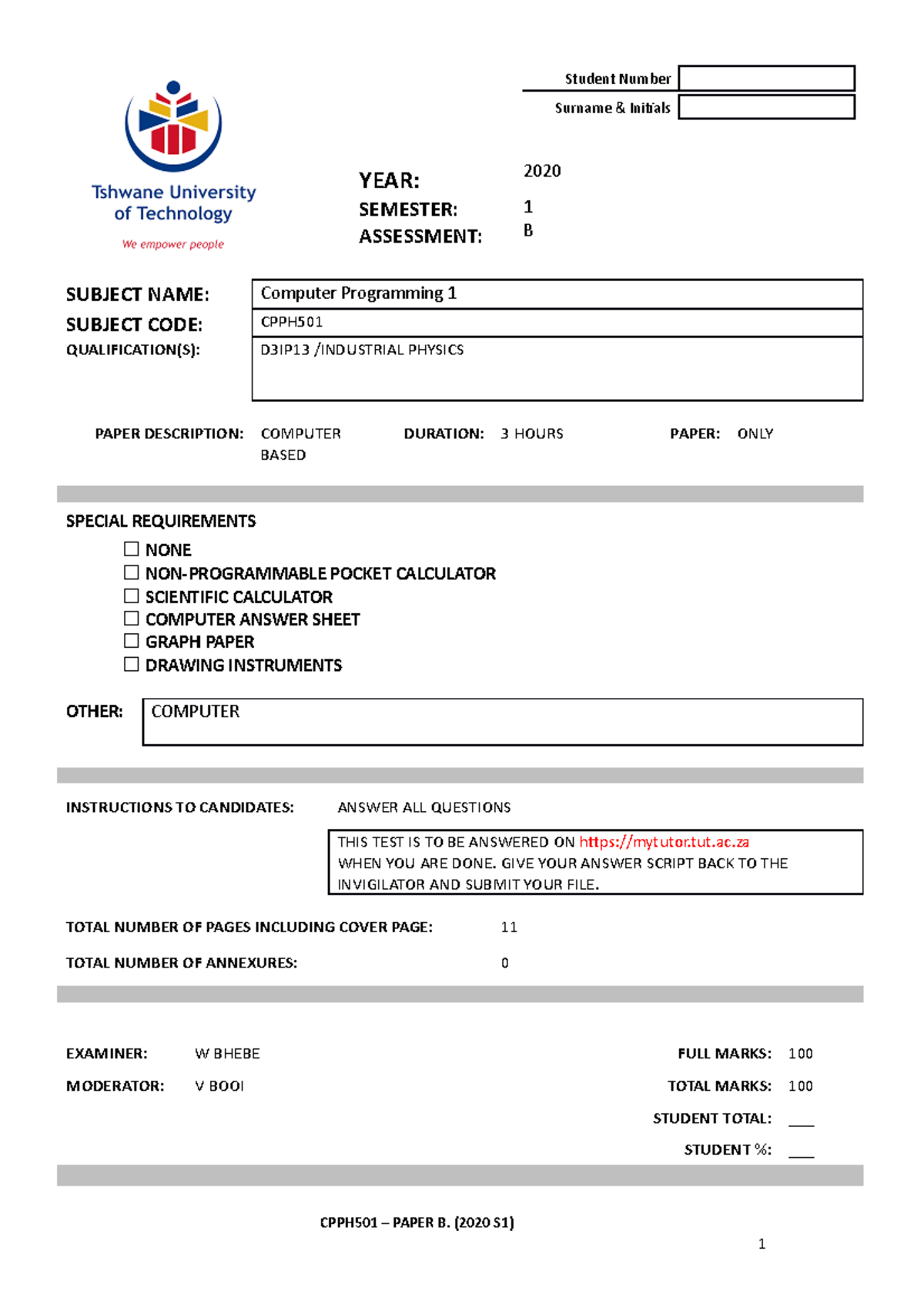 CPPH EXAM B 2020 S1 - CPPH exam question paper - YEAR: Student Number ...