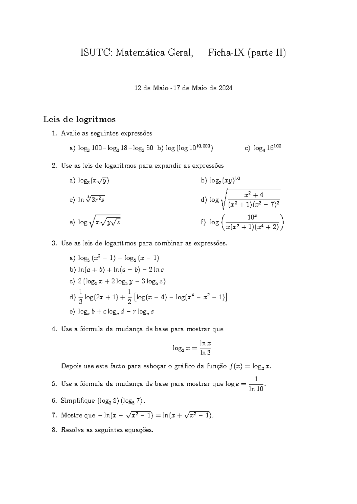 FI99 Isutc MG 2024 - bom - ISUTC: Matem ́atica Geral, Ficha-IX (parte ...