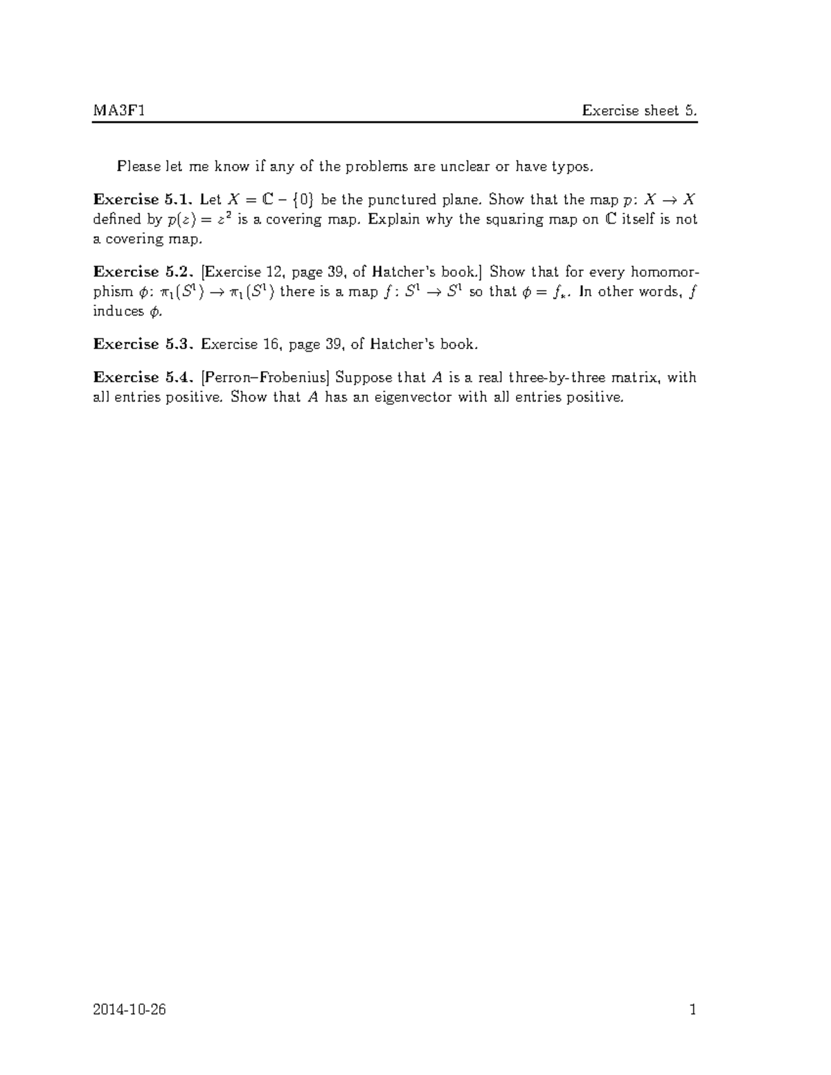 MA3F1 2014-2015 Problem Sheet 5 - MA3F1 Exercise sheet 5. Please let me ...