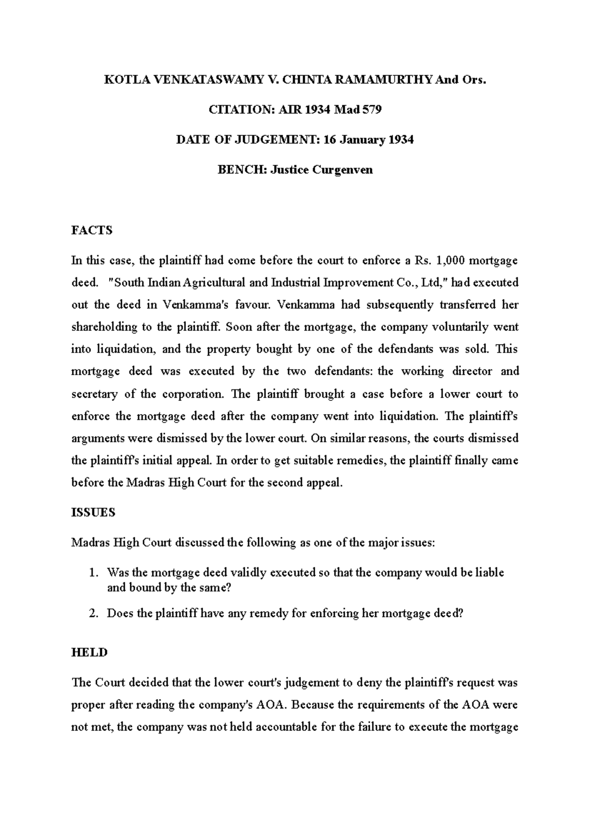 Kotla Venkataswamy case - KOTLA VENKATASWAMY V. CHINTA RAMAMURTHY And ...