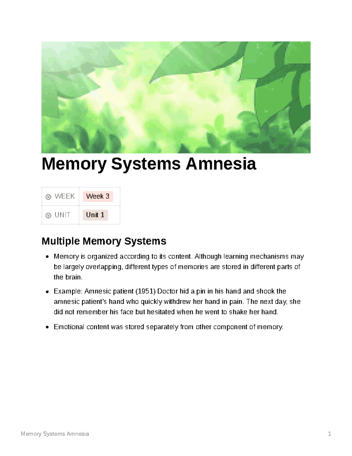Memory Systems Amnesia Memory Systems Amnesia Week Week 3 Unit Unit 1 Multiple Memory Systems 