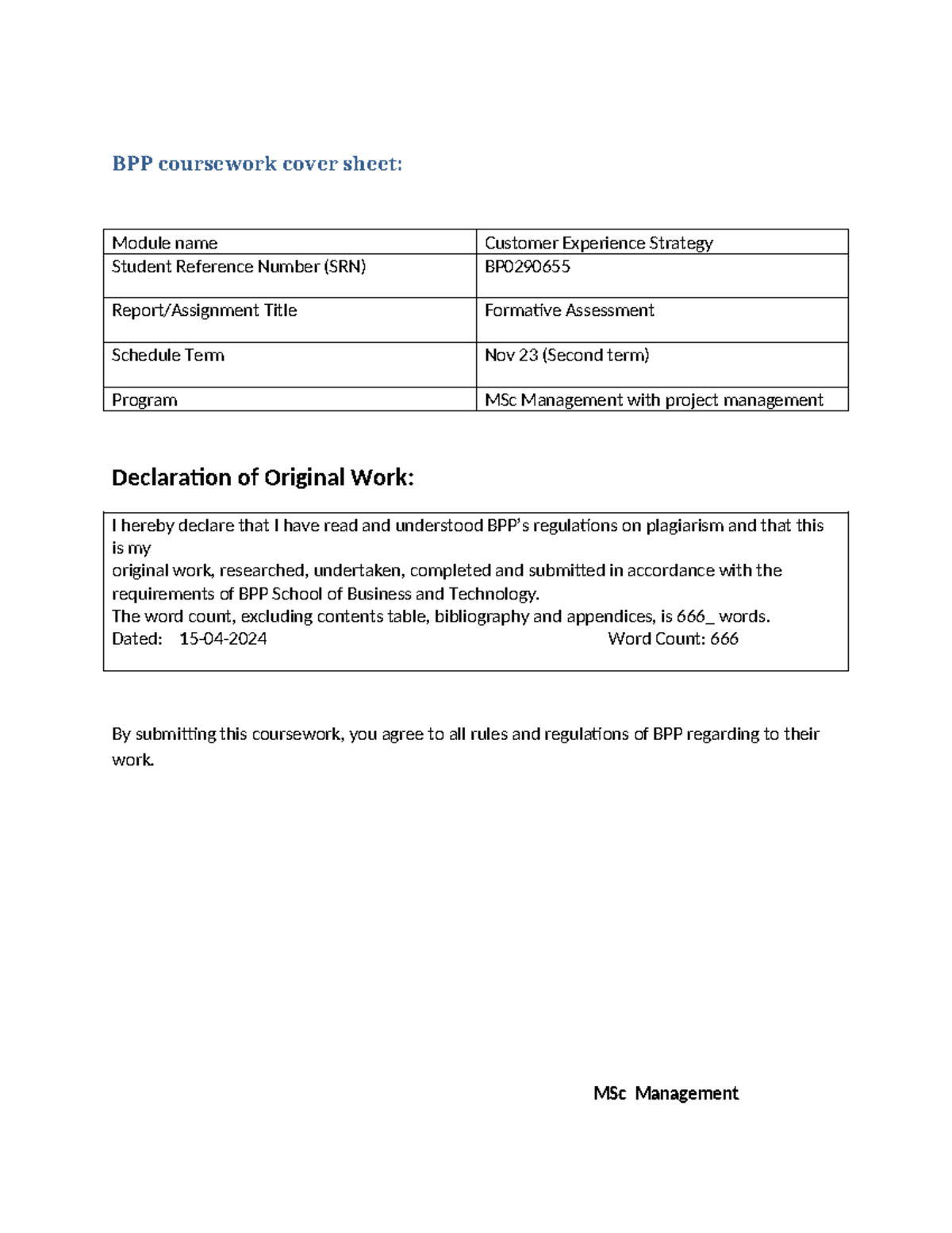 Formative Assessment Customer experience Strategy - BPP coursework cover sheet: Module name ...