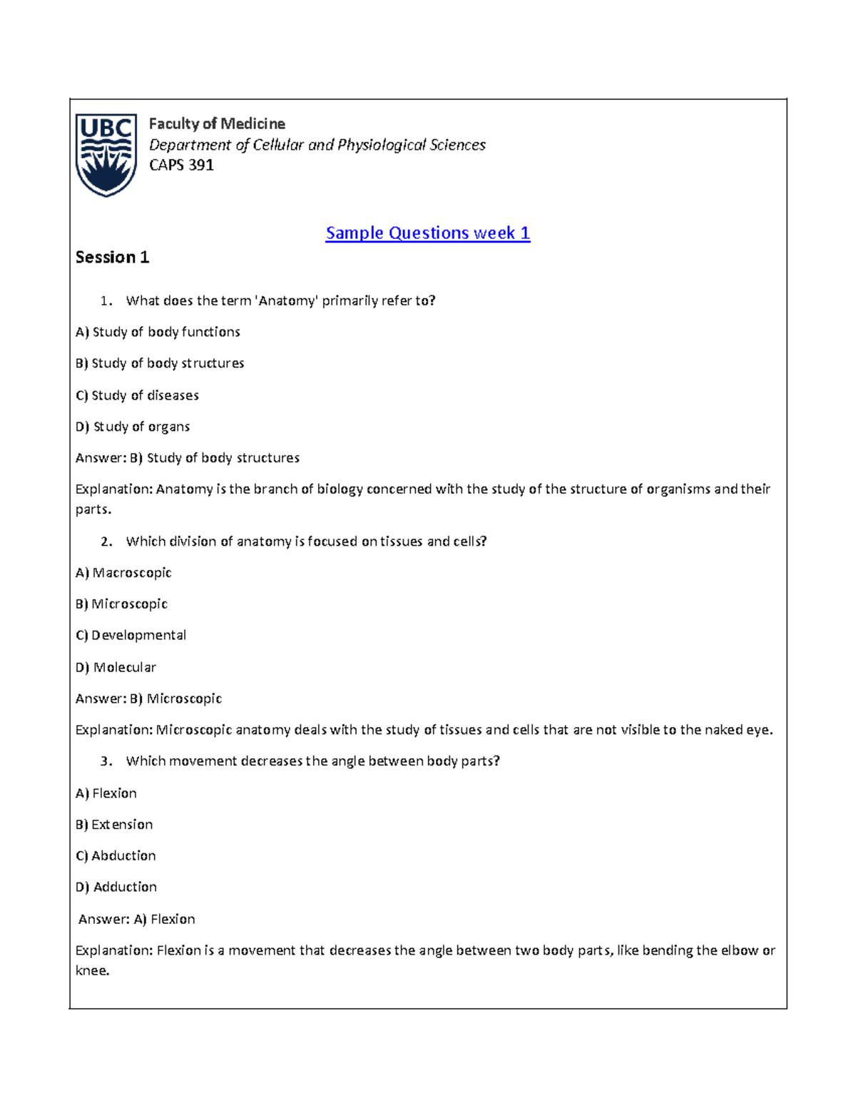 CAPS 391 - Sample Questions 1 - 2024 - Faculty of Medicine Department ...