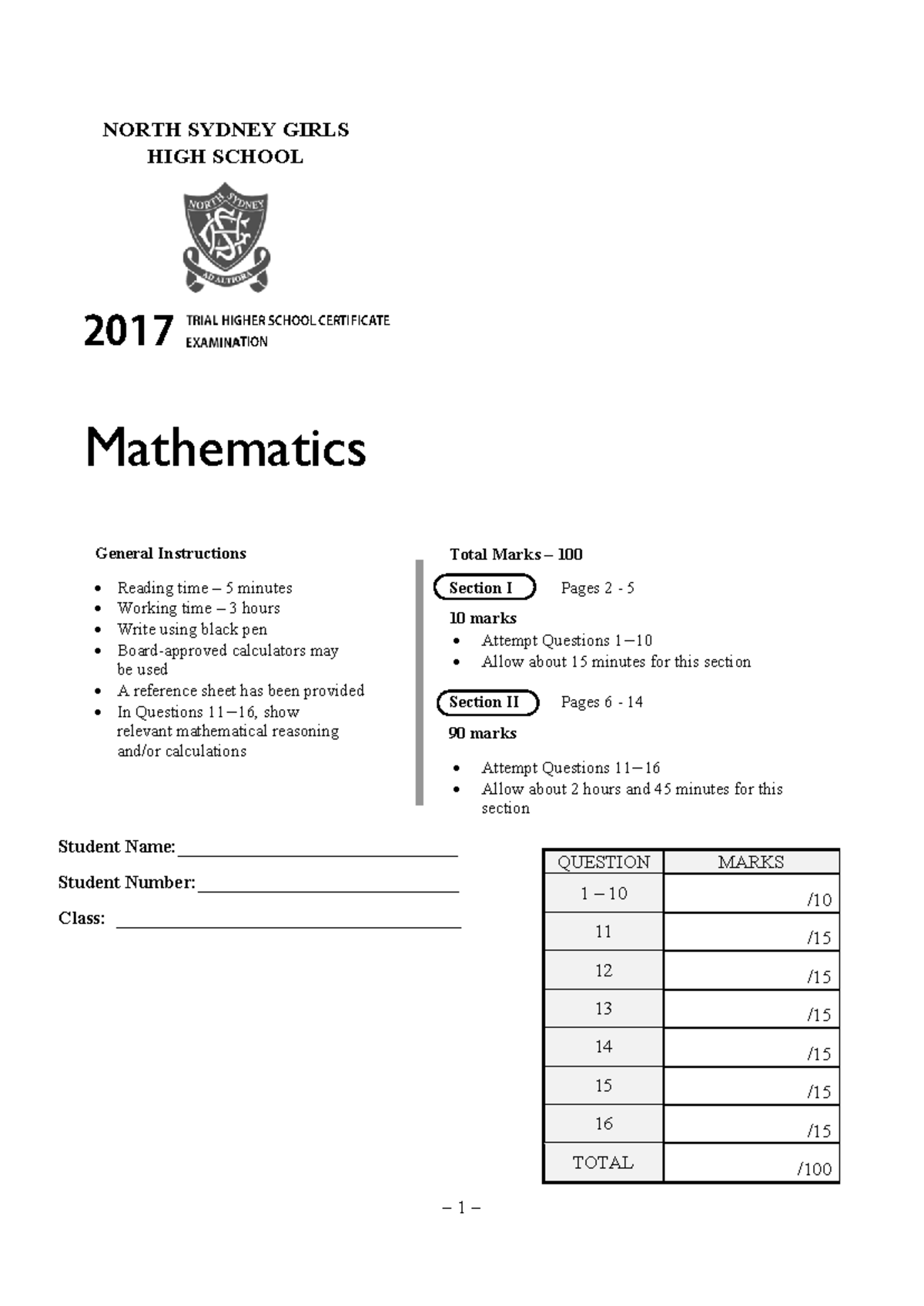 NSGHS HSC 2017 2U Trial Paper - Mathematics QUESTION MARKS 1 – 10 / 11 ...