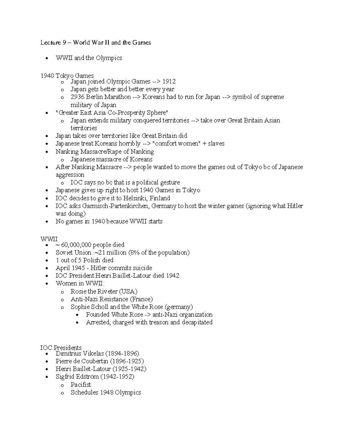 Lecture 9 – World War II and the Games - Lecture 9 – World War II and ...