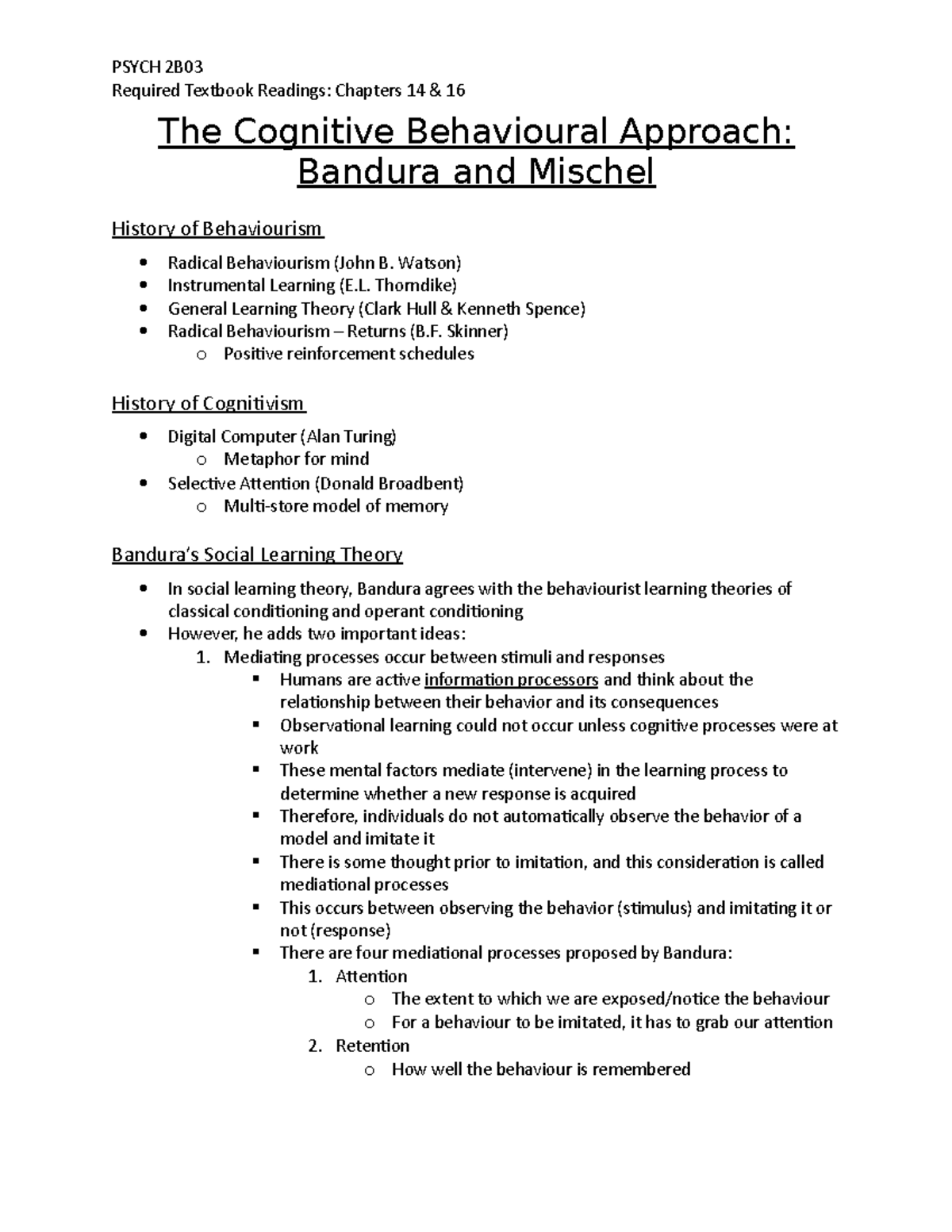Psych 2B03 - The Cognitive Behavioural Approach - PSYCH 2B Required ...