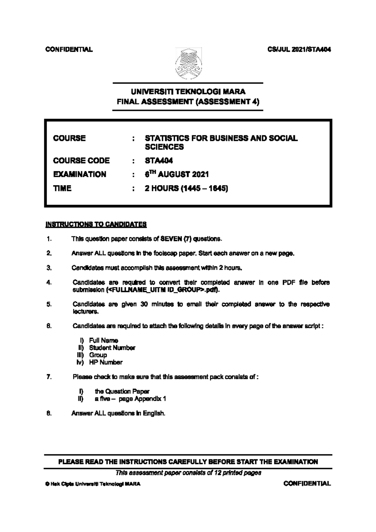Jul2021 PYQ STA404 - Statistic - Studocu