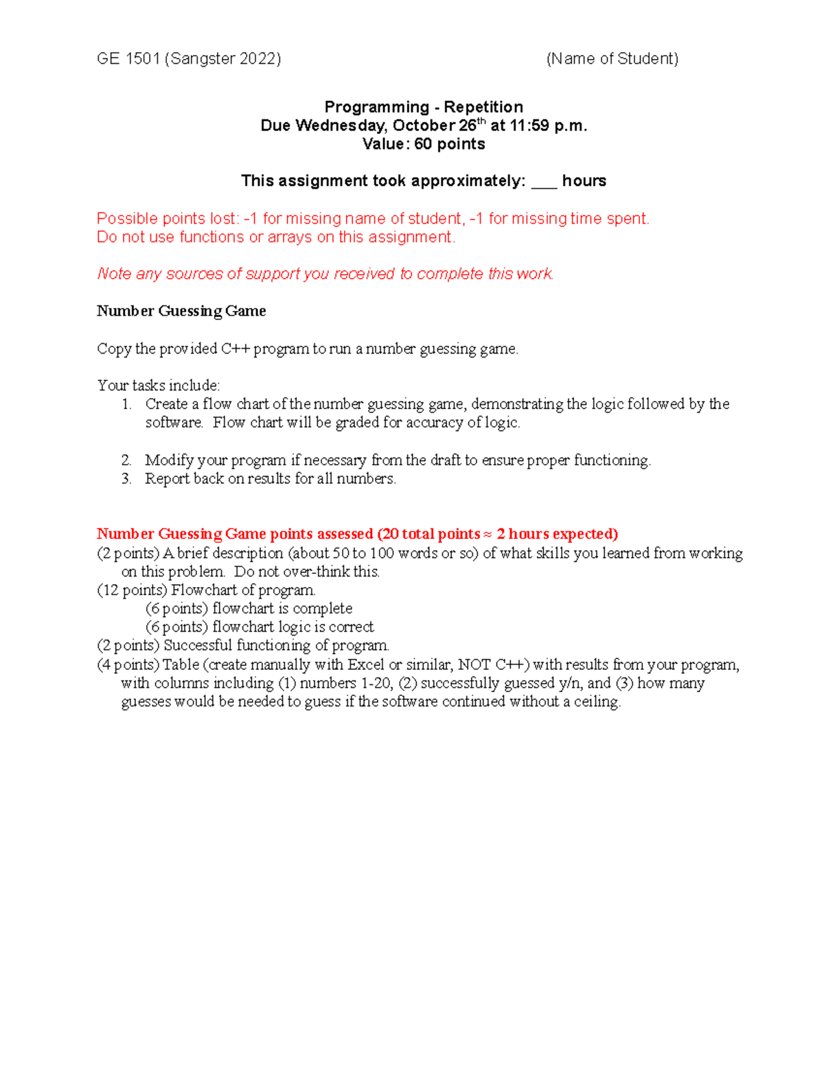 GE1501 1020-1026 Program Assignment Repetition Wagner Andrew - Programming - Repetition Due ...