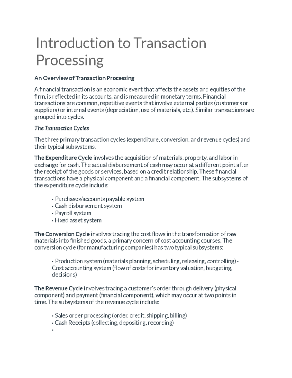 AC 2104 Chapter 2 Notes - Introduction to Transaction Processing An ...