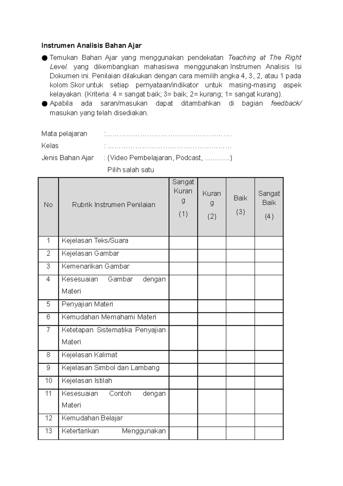 Instrumen Analisis Bahan Ajar - yang dikembangkan mahasiswa menggunakan Instrumen Analisis Isi ...