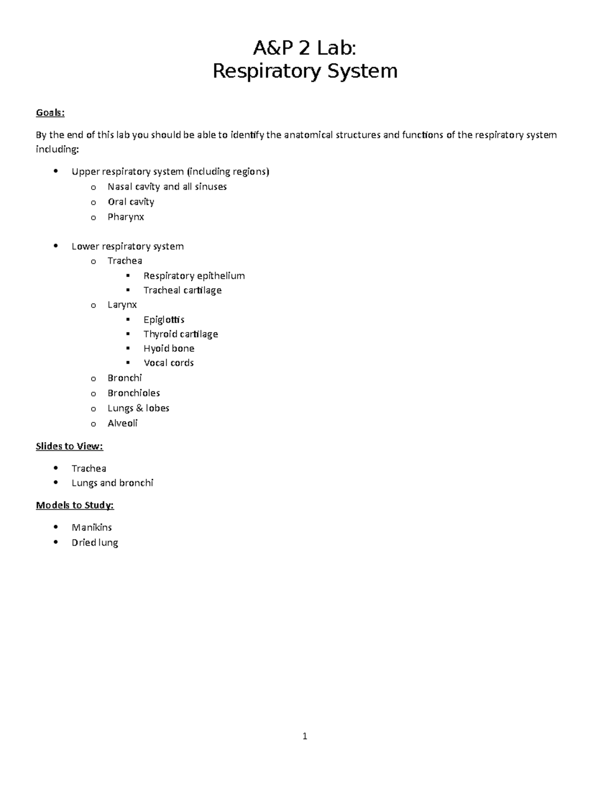 Respiratory system lab packet - A&P 2 Lab: Respiratory System Goals: By ...