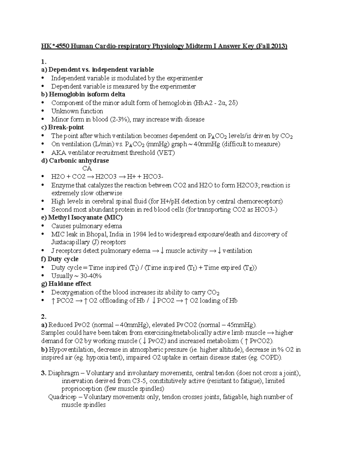 Exam 2014 Questions and Answers - HK*4550 Human Cardio-respiratory Physiology Midterm I Answer ...