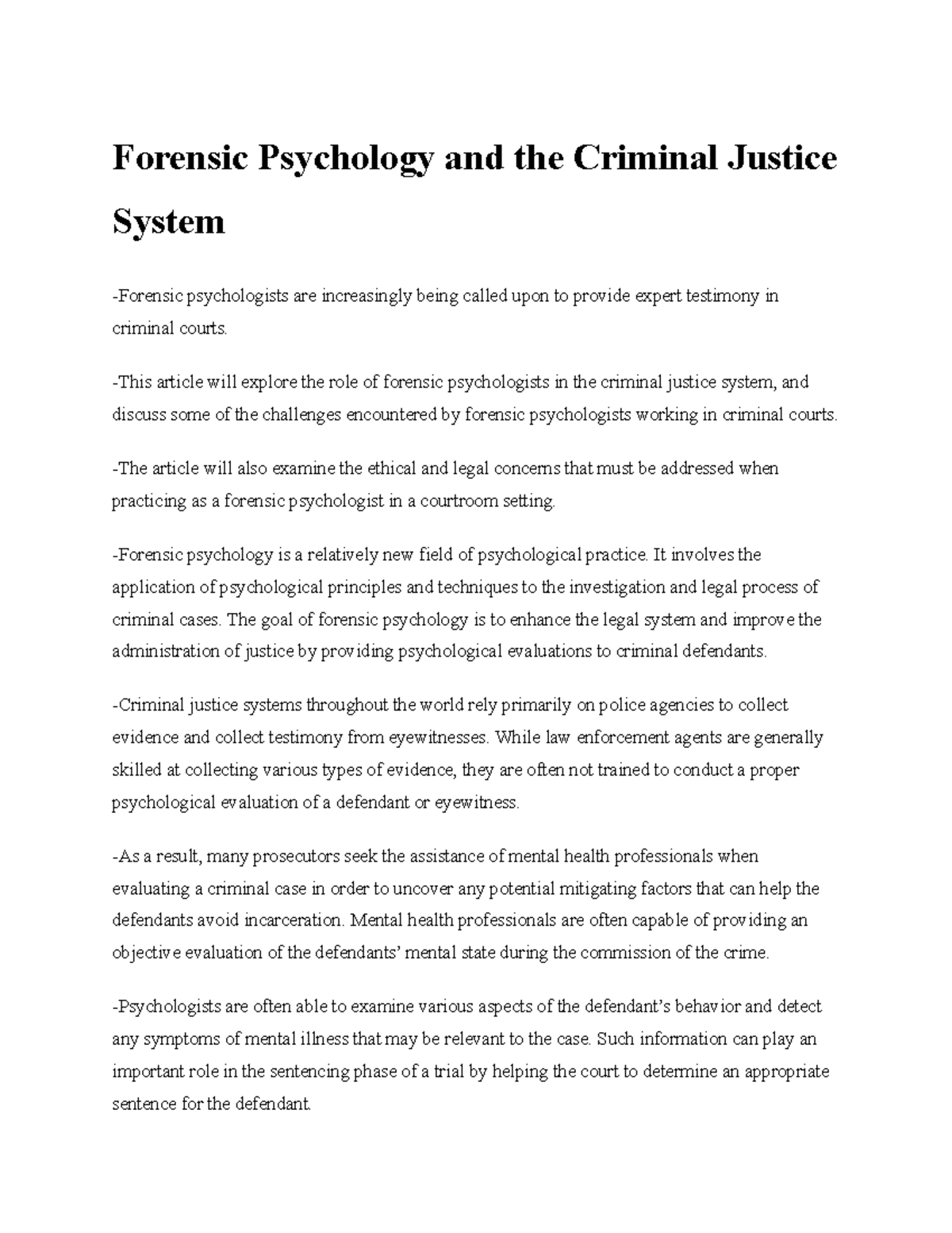 Forensic Psychology and the Criminal Justice System - Forensic ...