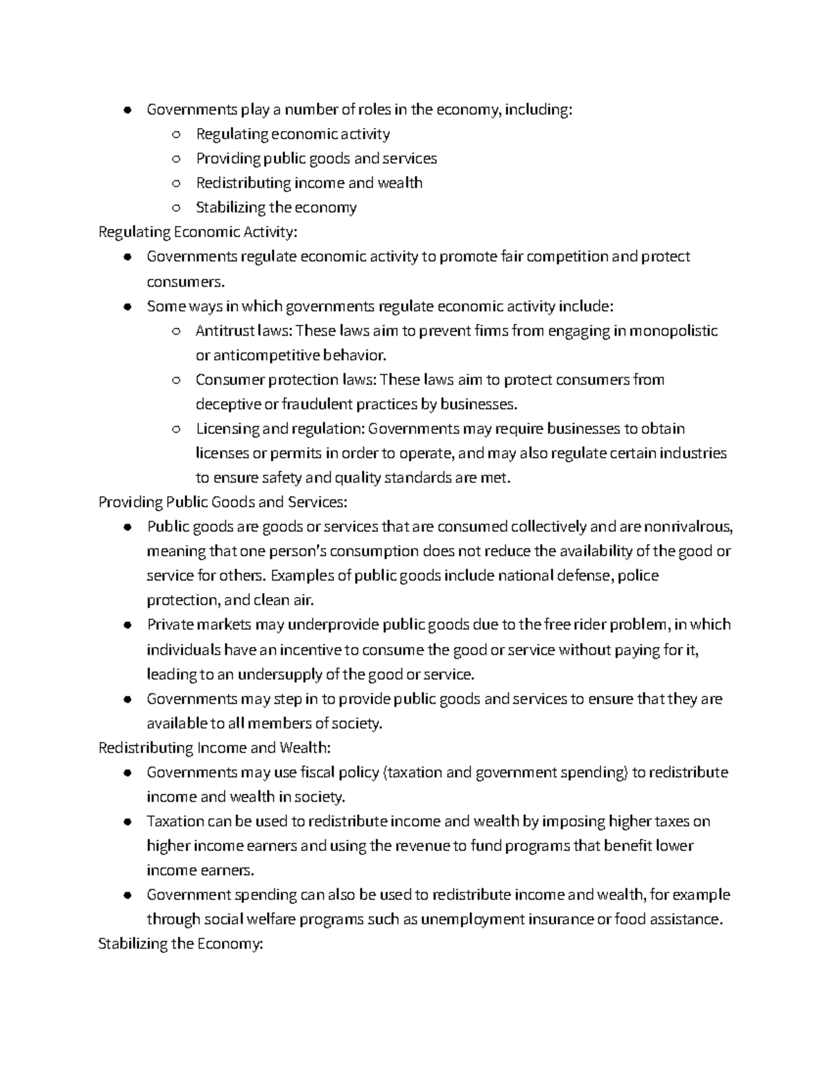 Roles of Government - Notes - Governments play a number of roles in the ...