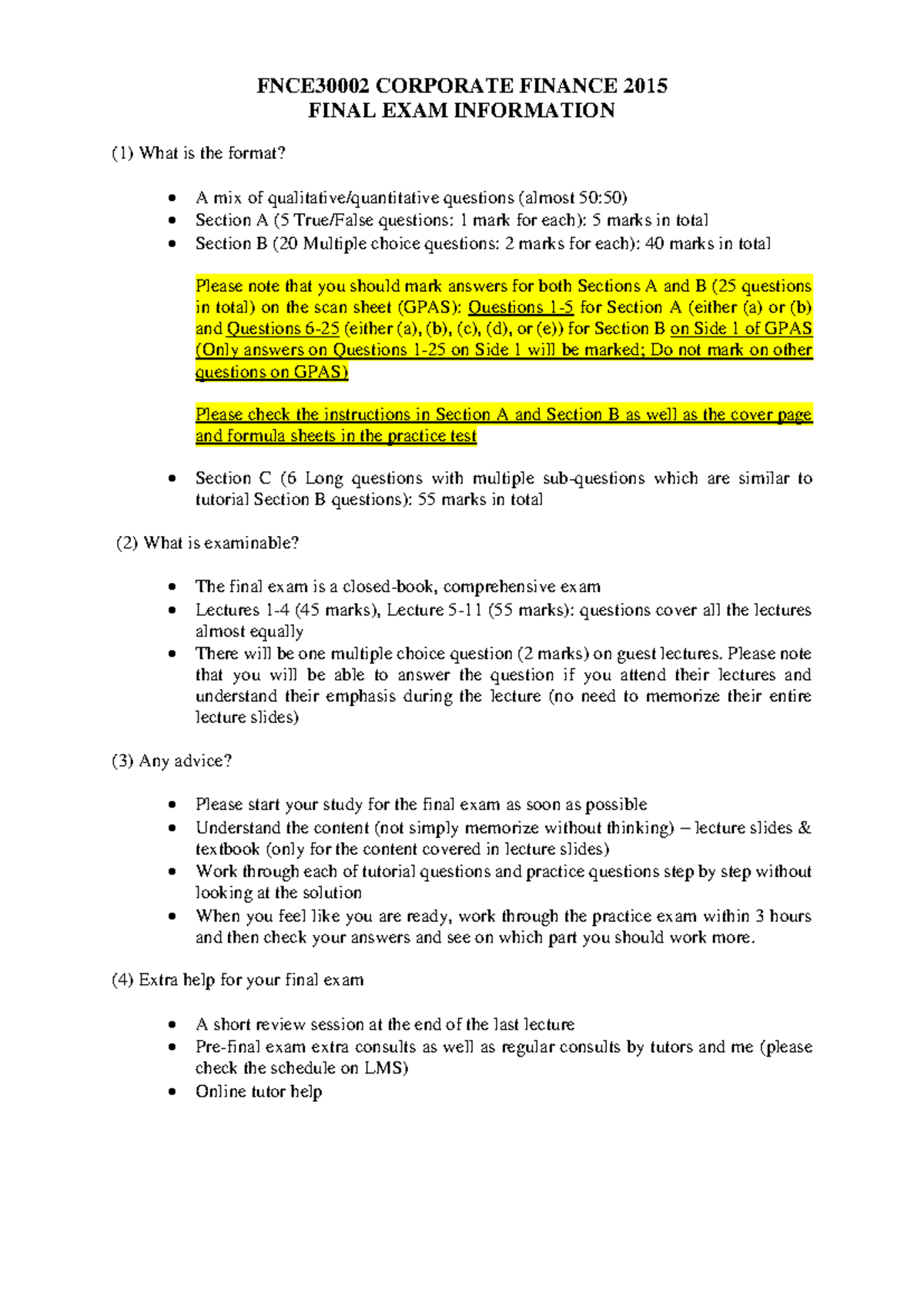 Sample/practice exam 2015, questions - CORPORATE FINANCE 2015 FINAL ...