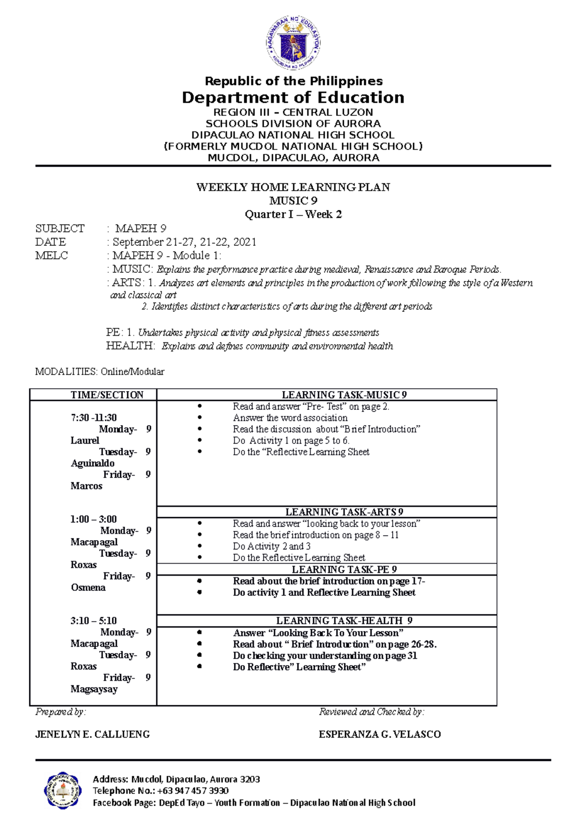 Q1,W2 - weekly home learning plan for grade 9 mapeh - Republic of the ...