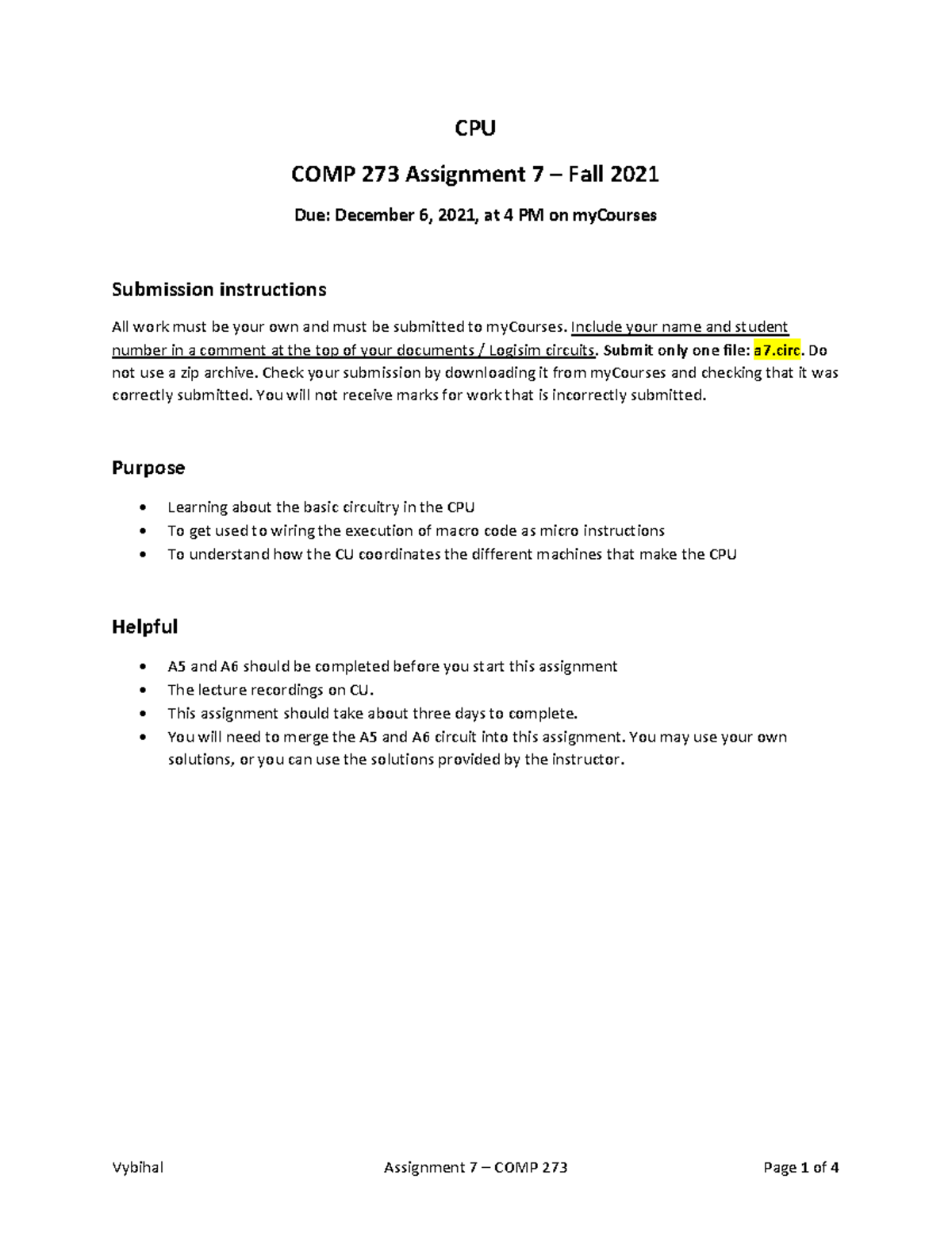 A7-fall2021 - A7-fall2021 - CPU COMP 273 Assignment 7 – Fall 2021 Due: December 6, 2021, at 4 PM ...
