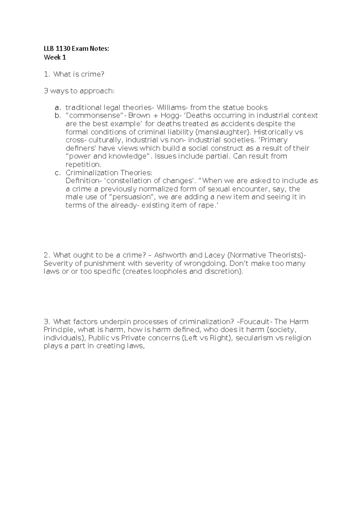 LLB 1130 Exam Notes - LLB 1130 Exam Notes: Week 1 1. What is crime? 3 ...