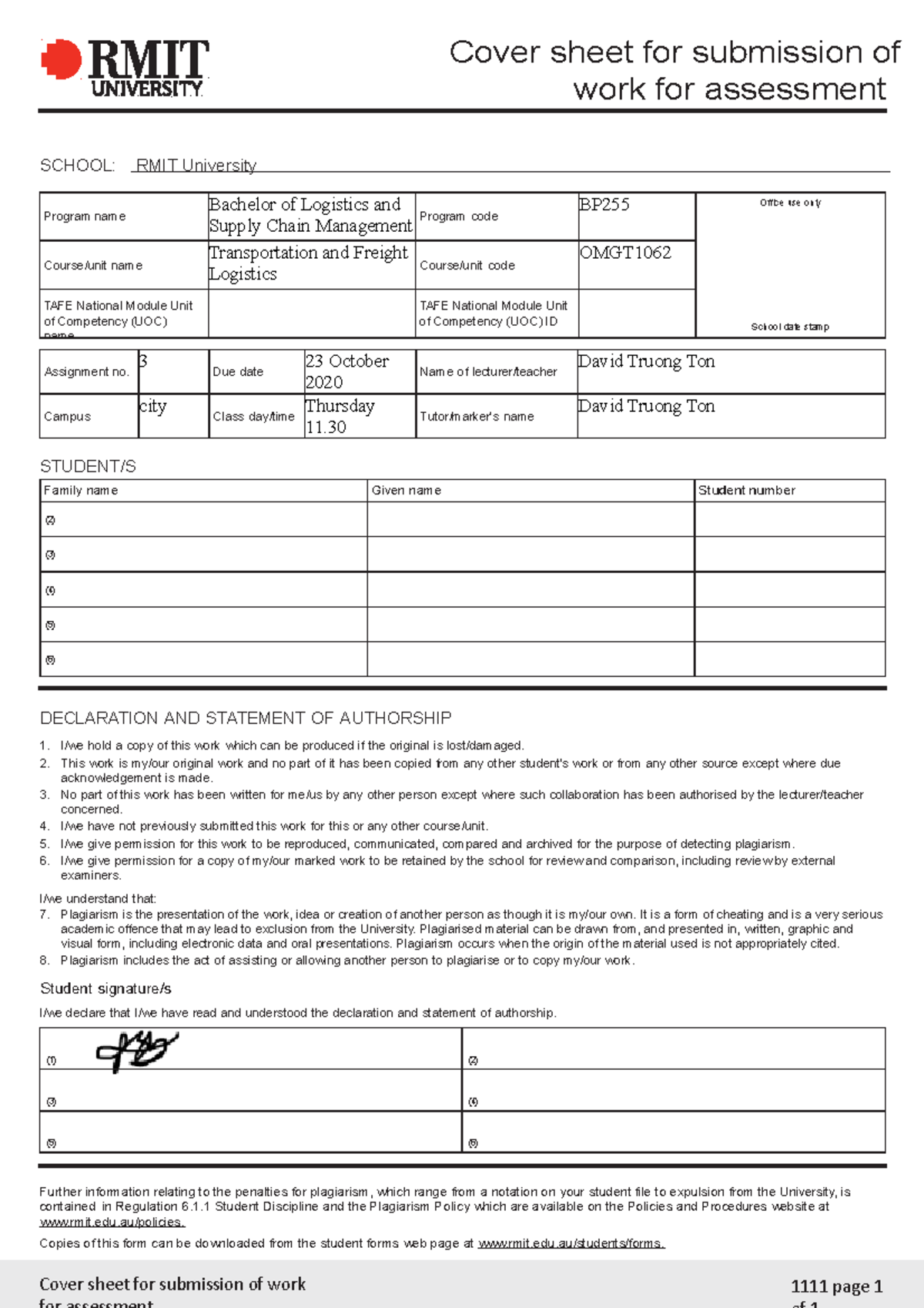 Assignment 3 transportation plan - Cover sheet for submission of work ...
