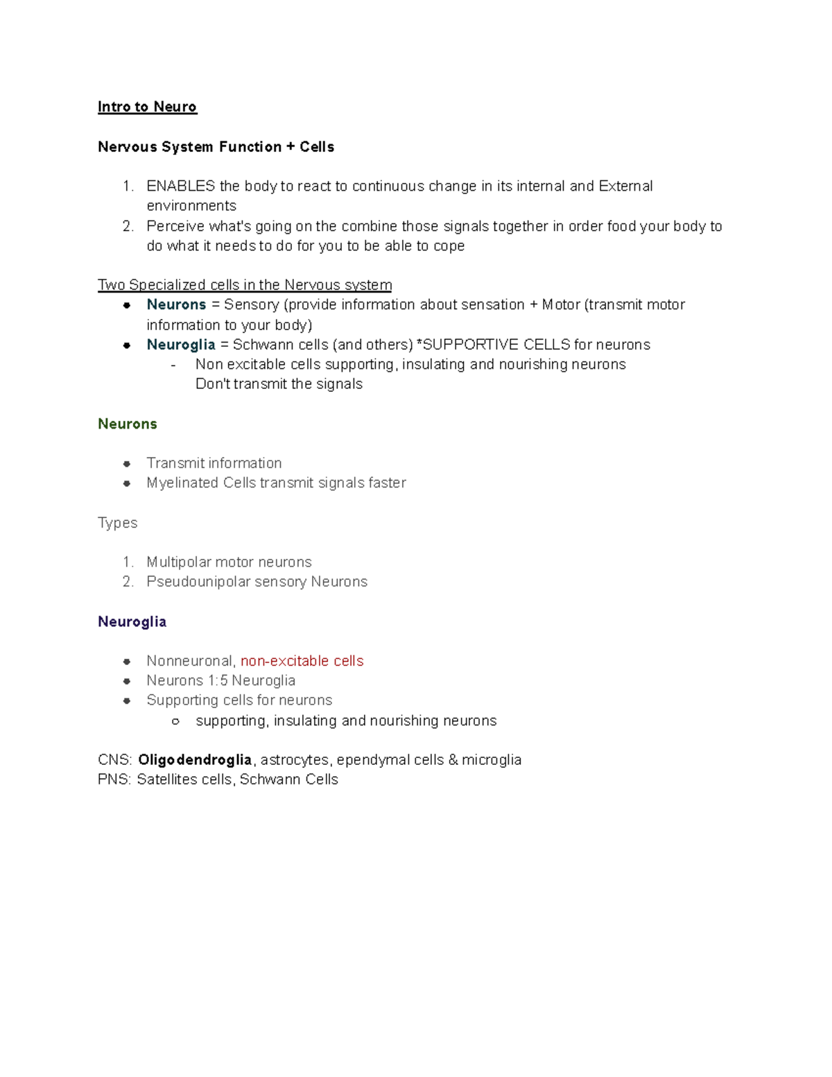Intro To Neuro - class notes - Intro to Neuro Nervous System Function ...