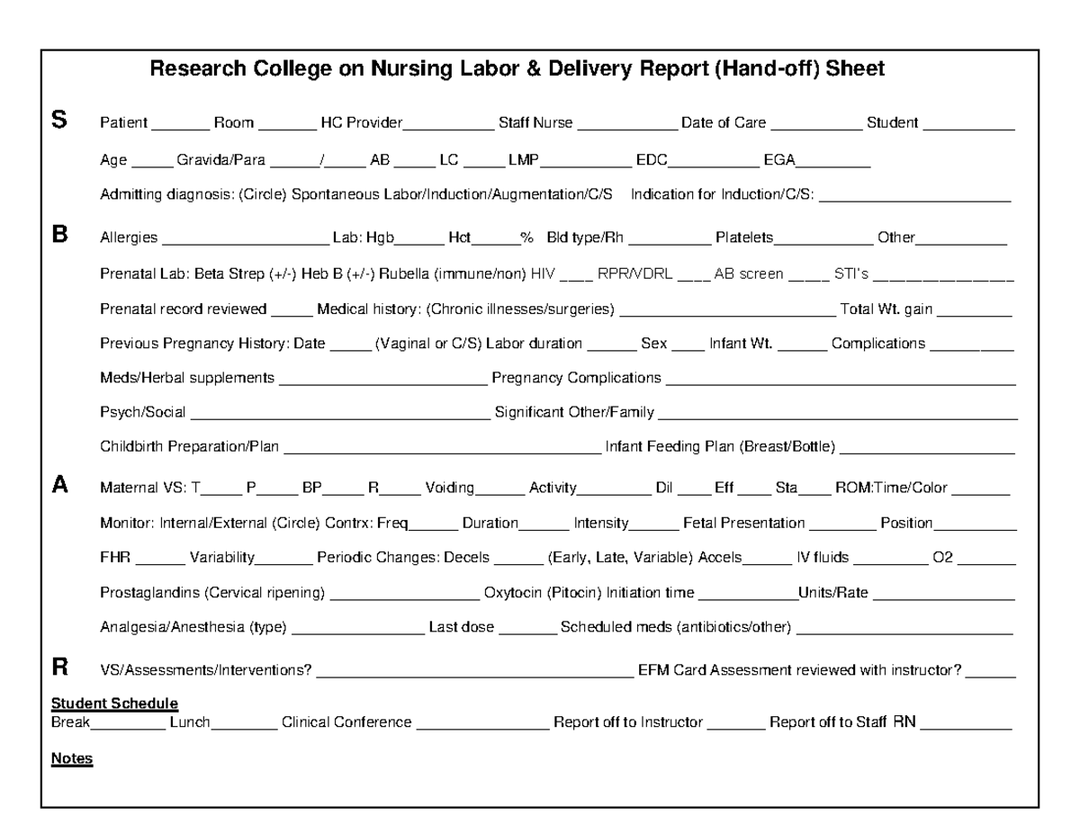 Nursing Labor and Delivery Report - gain _________ Previous Pregnancy ...