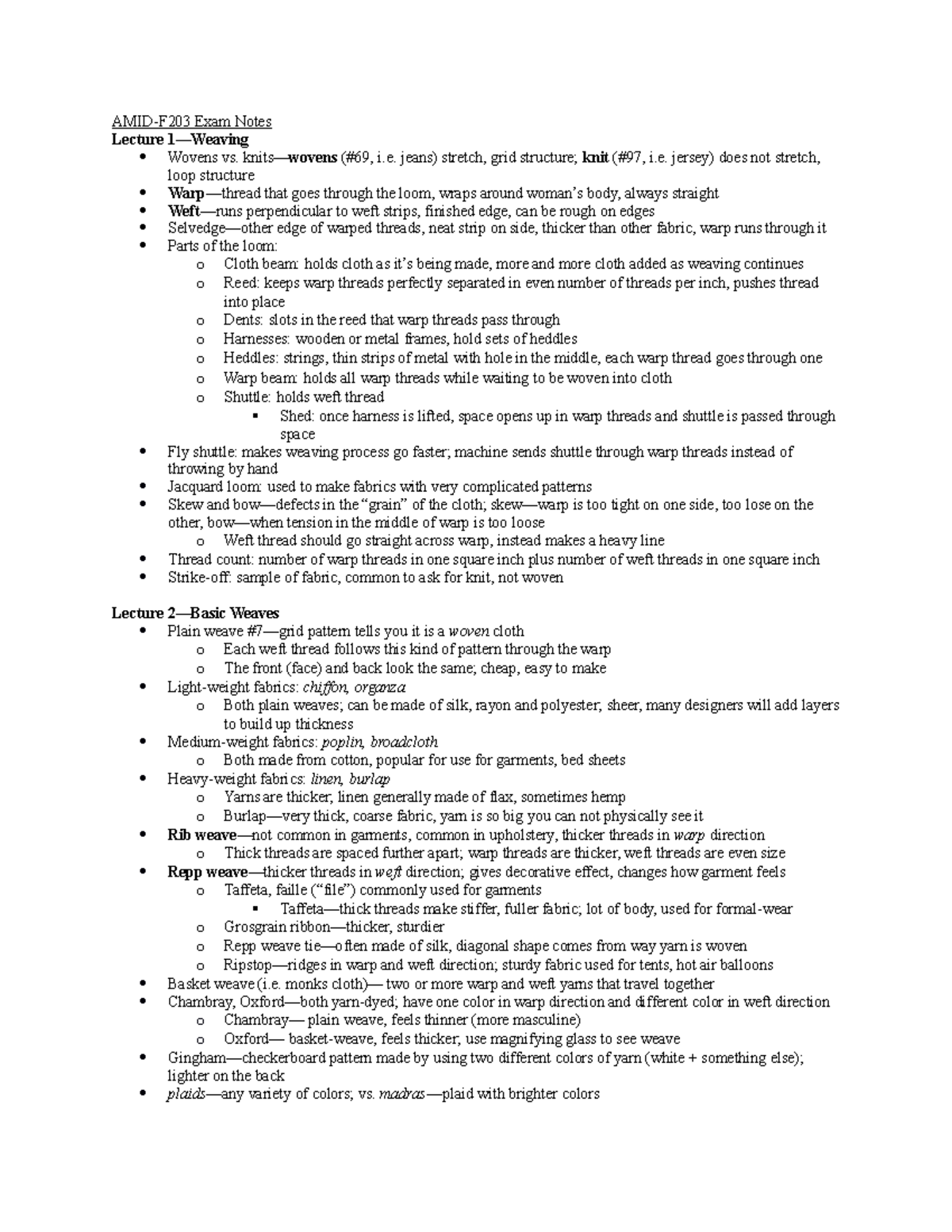 Exam Notes - Summary Intro to Textiles - Exam Notes Lecture Wovens vs ...