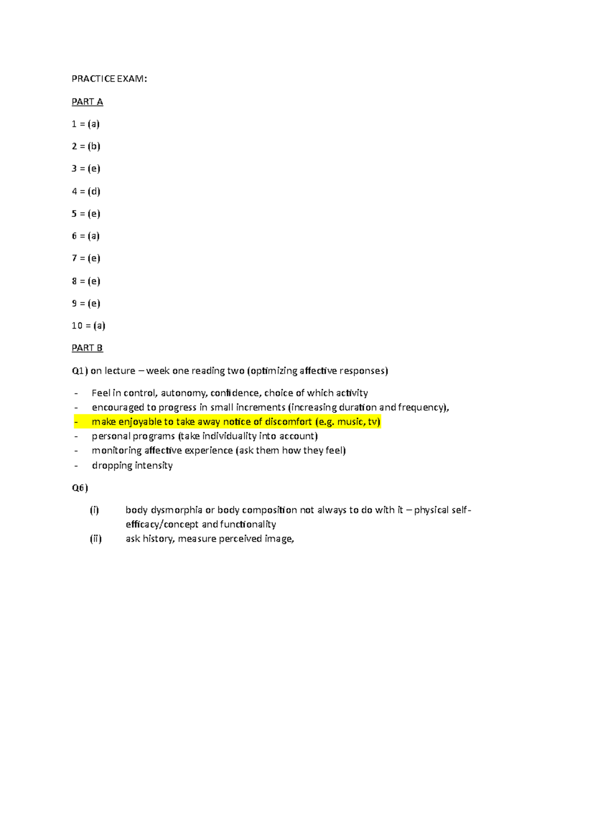 Practice EXAM - PRACTICE EXAM: PART A 1 = (a) 2 = (b) 3 = (e) 4 = (d) 5 ...