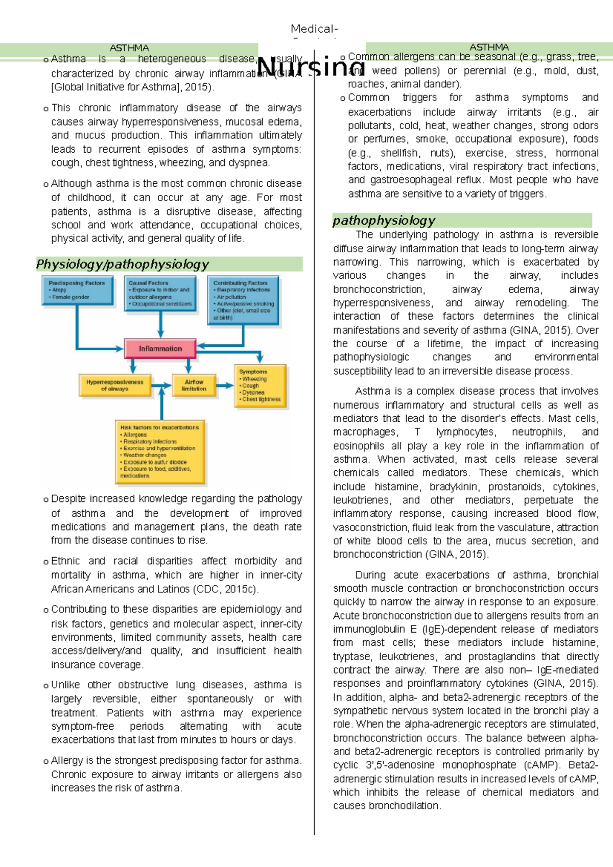 Asthma - Summary Brunner and Suddarth's Textbook of Medical-Surgical Nursing - o Asthma is a ...