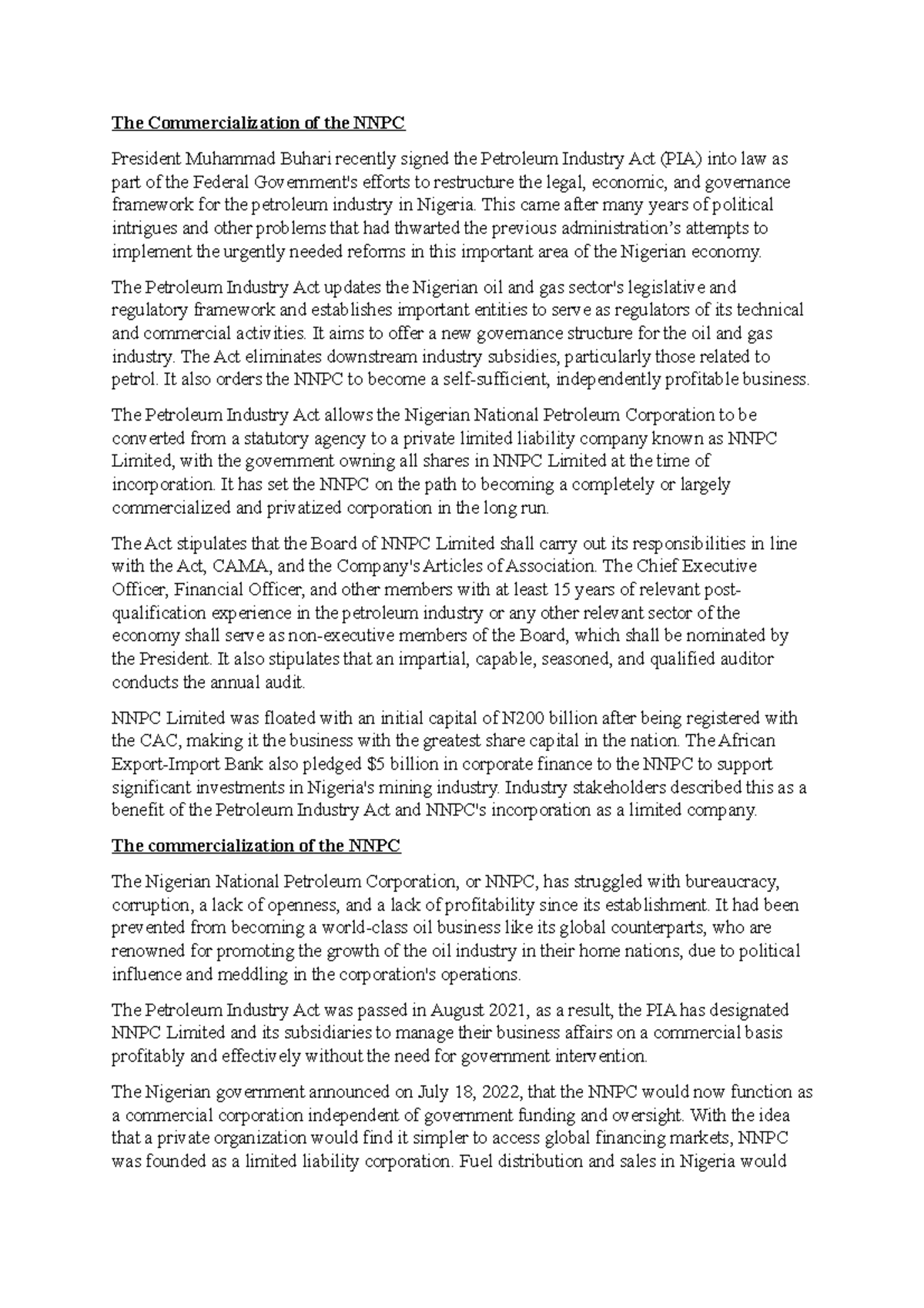 What is the NNPC - The Commercialization of the NNPC President Muhammad ...