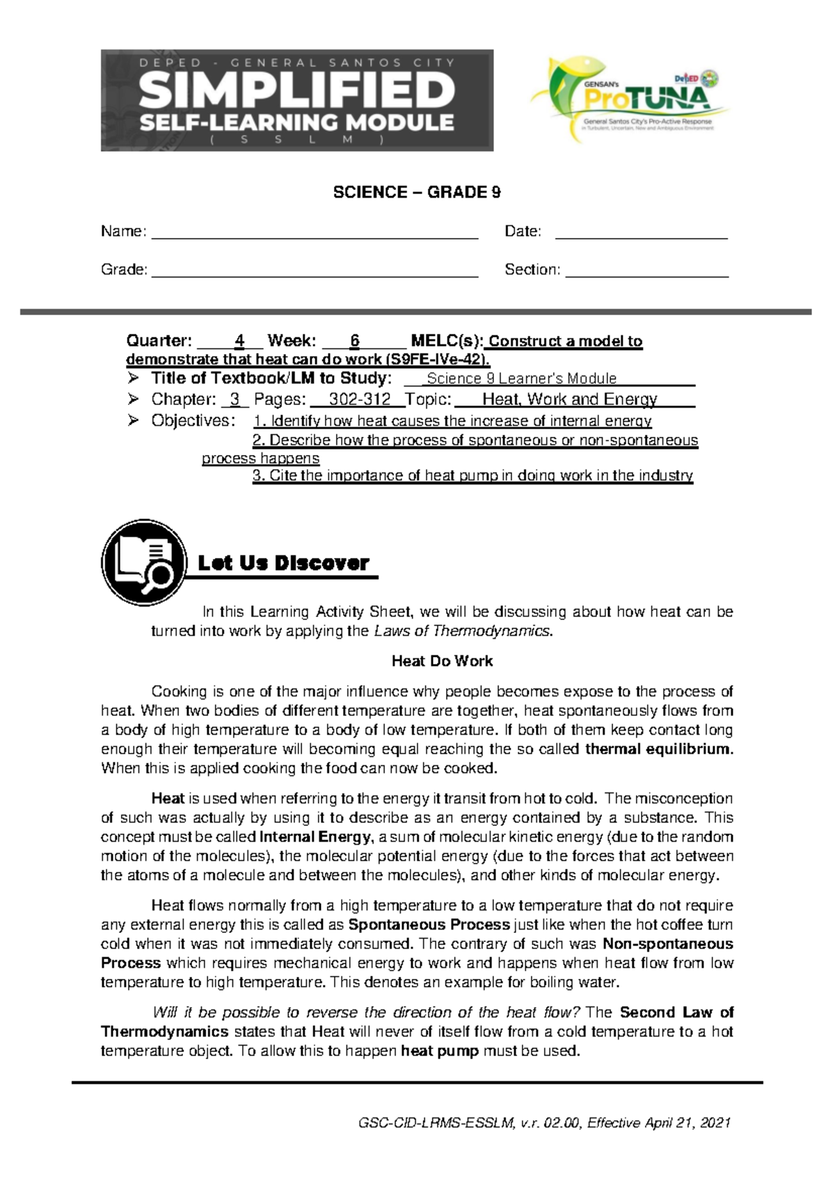 GRD9 SSLM Q4 W6 TAN - Overall - SCIENCE – GRADE 9 Name