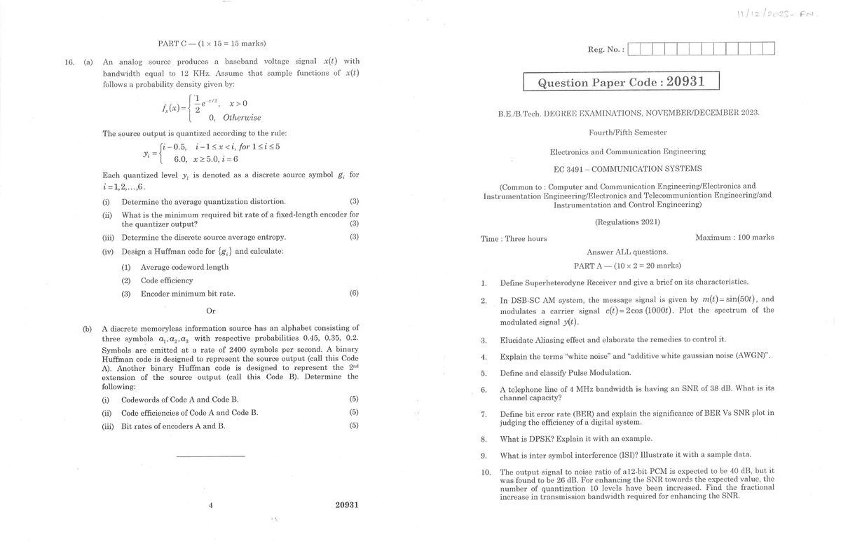 EC3491 - Communication Systems R2021 - 2023 Nov - Electronics ...